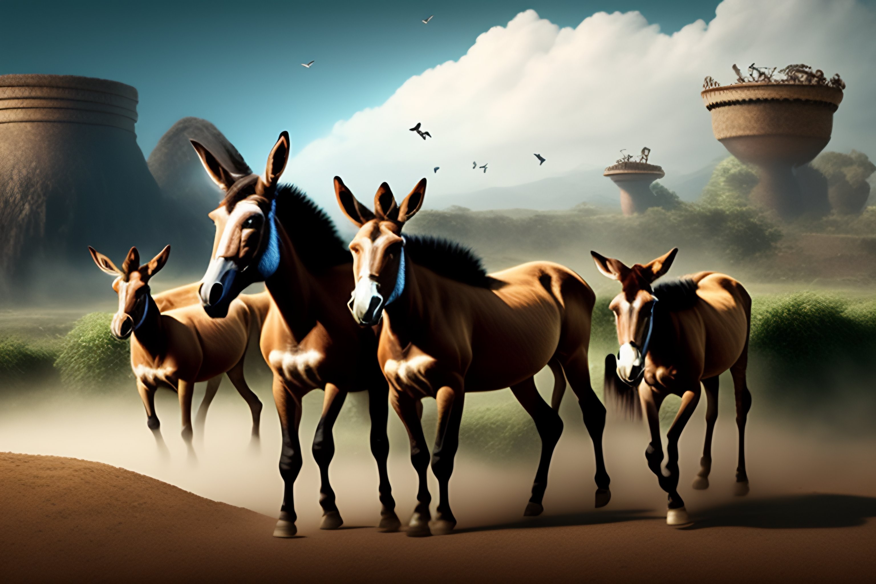 Lexica - Three donkeys flying around with other animals embarking on ...