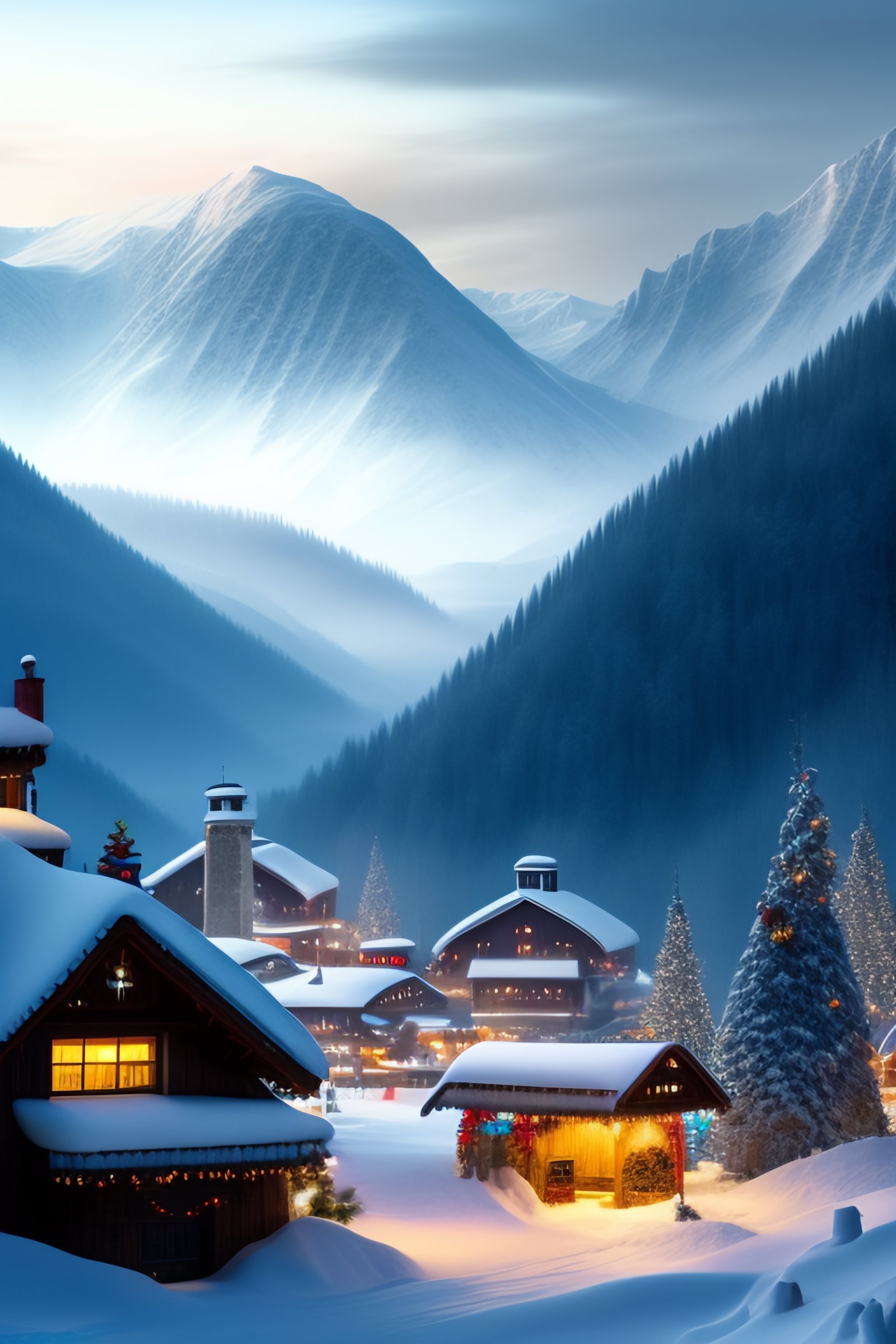 Lexica - Village with huge mountains, full of snow, decorated christmas ...