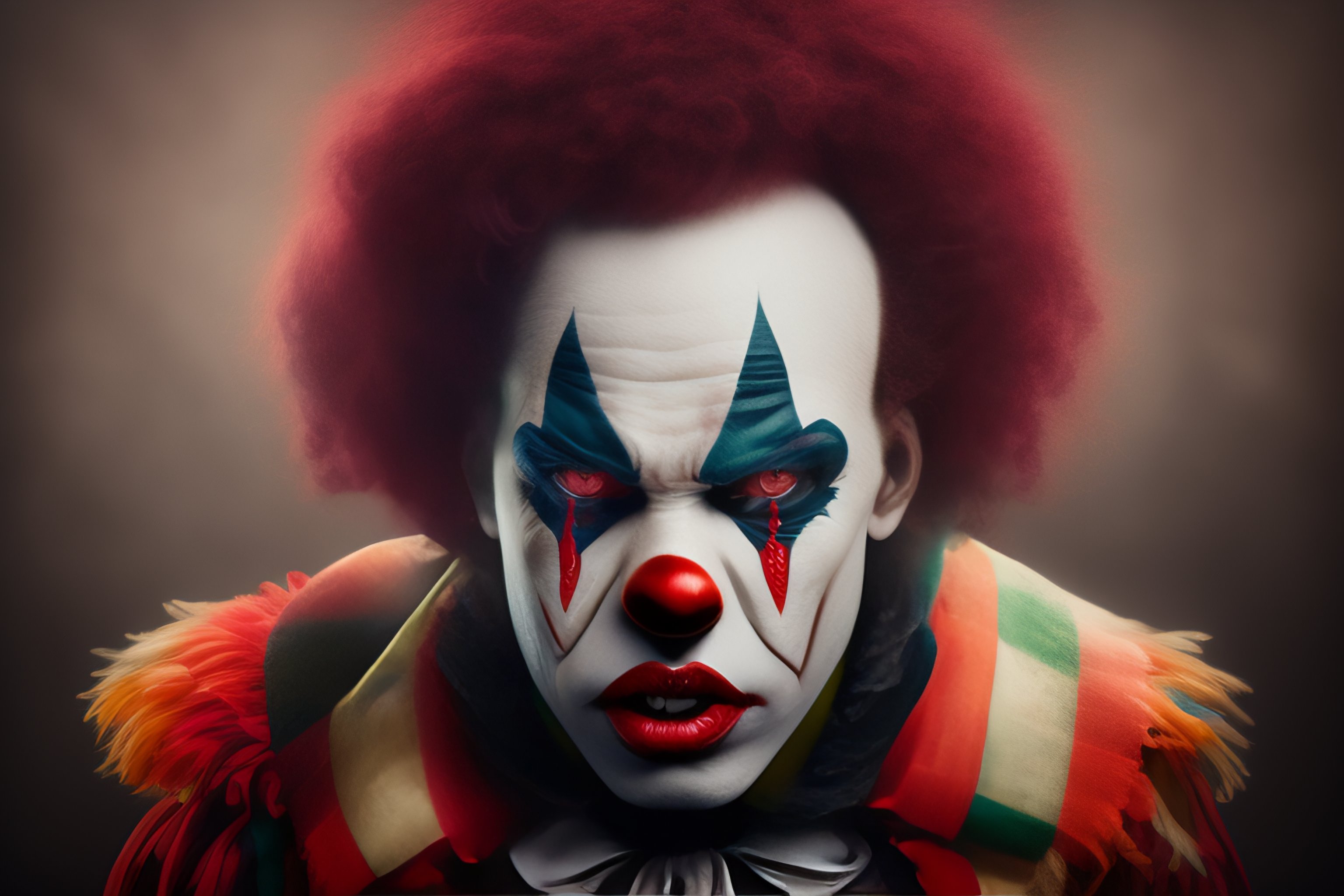 Lexica - Terrifying and highly stylish clown with red eyes in high quality