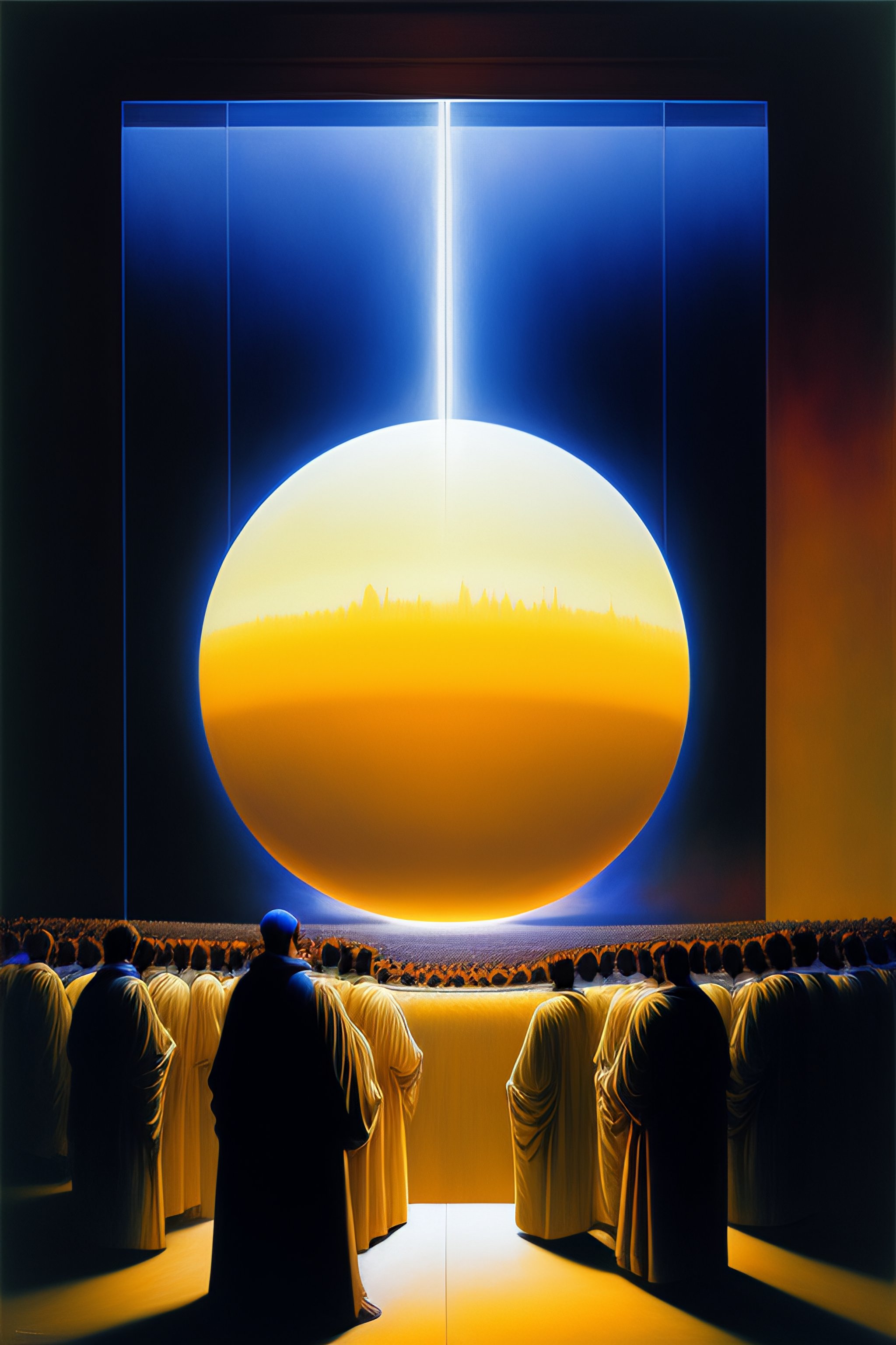 Lexica - Worshippers in robes huddled around a very complex gigantic ...