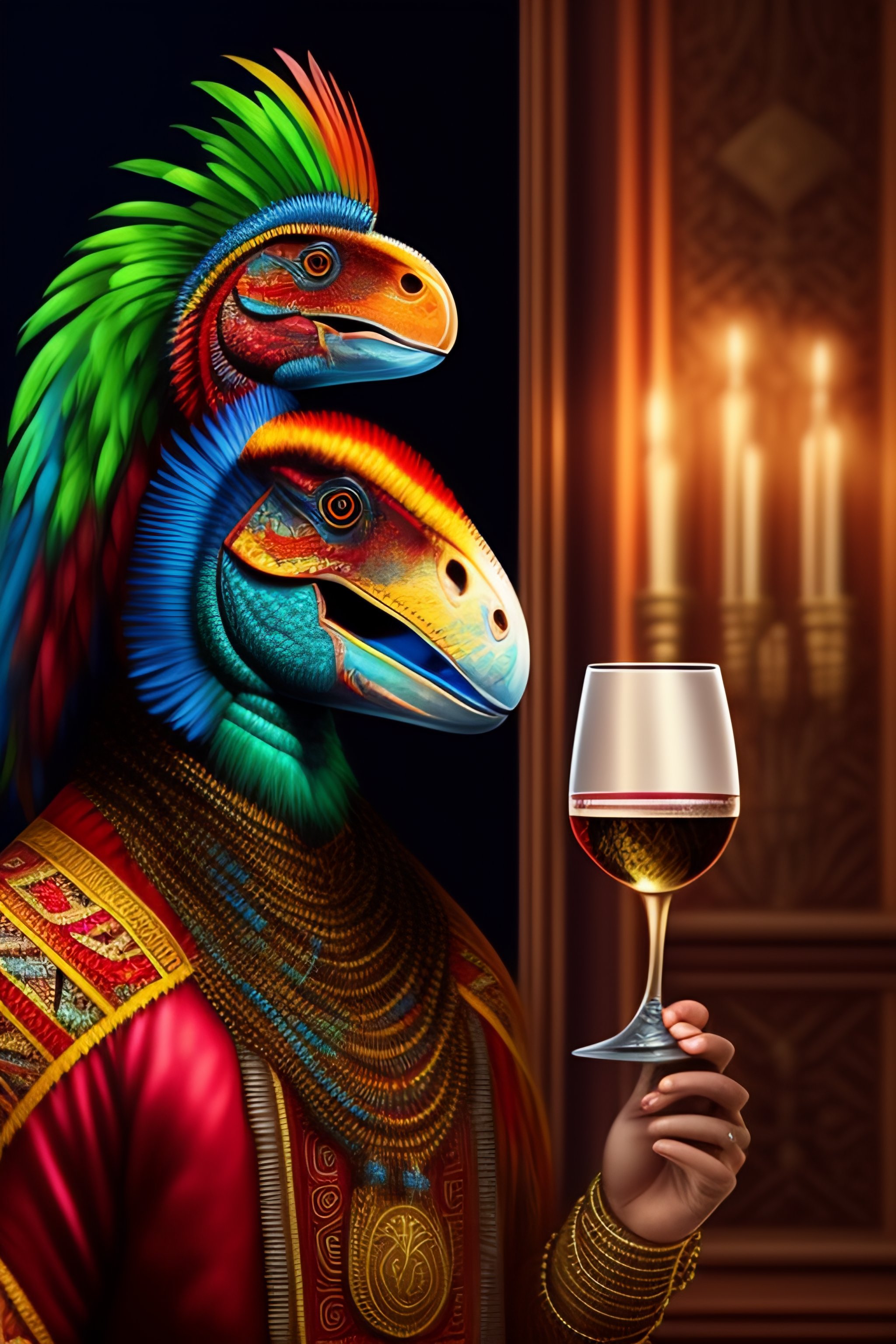 Lexica - Humanoid feathered dinosaur, aztec clothes, wineglass, digital art