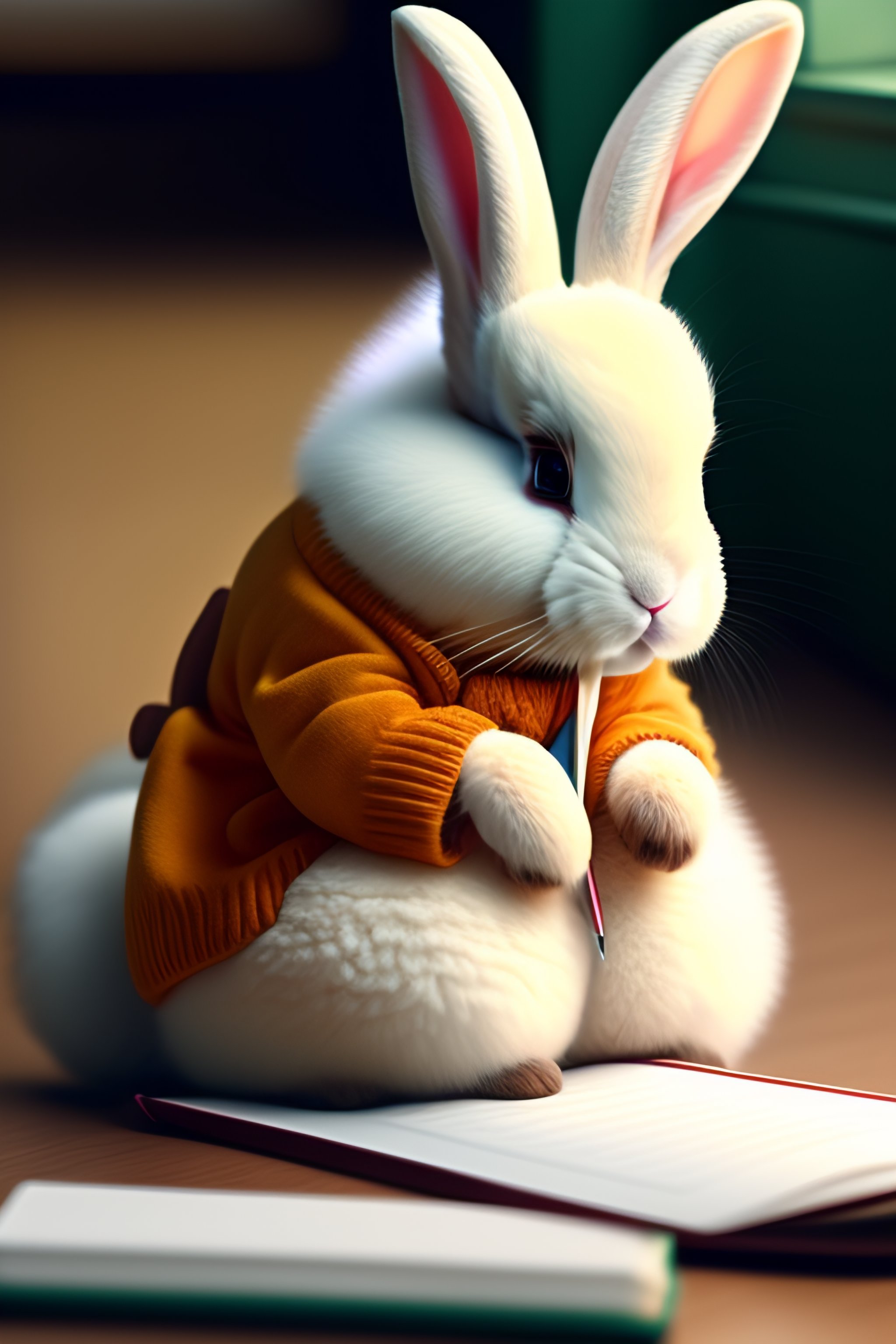 Lexica - A cute fluffy bunny grumpily doing her homework