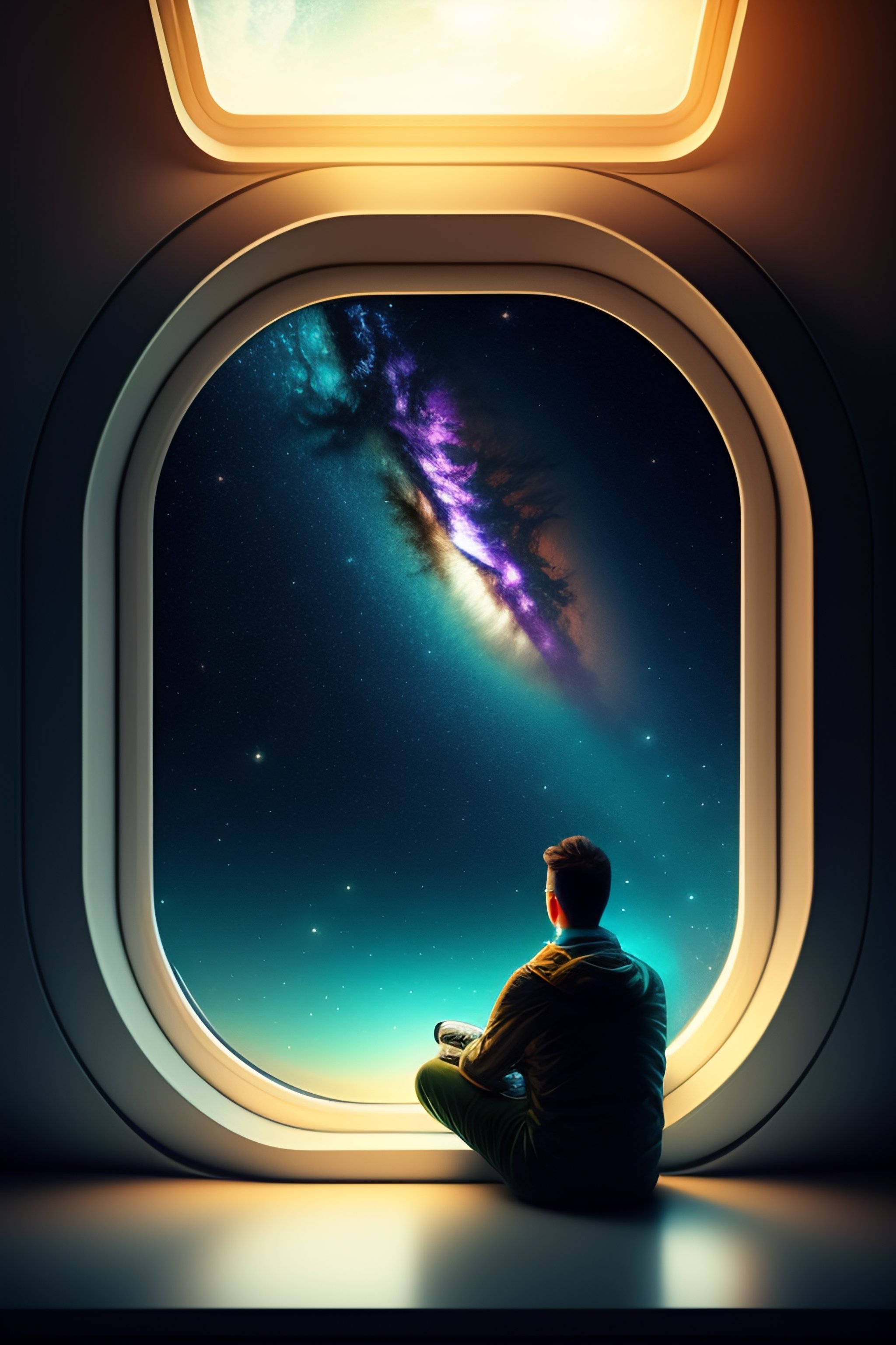 Lexica - Human, sitting sad in spaceship, gazing at view of galaxy in ...