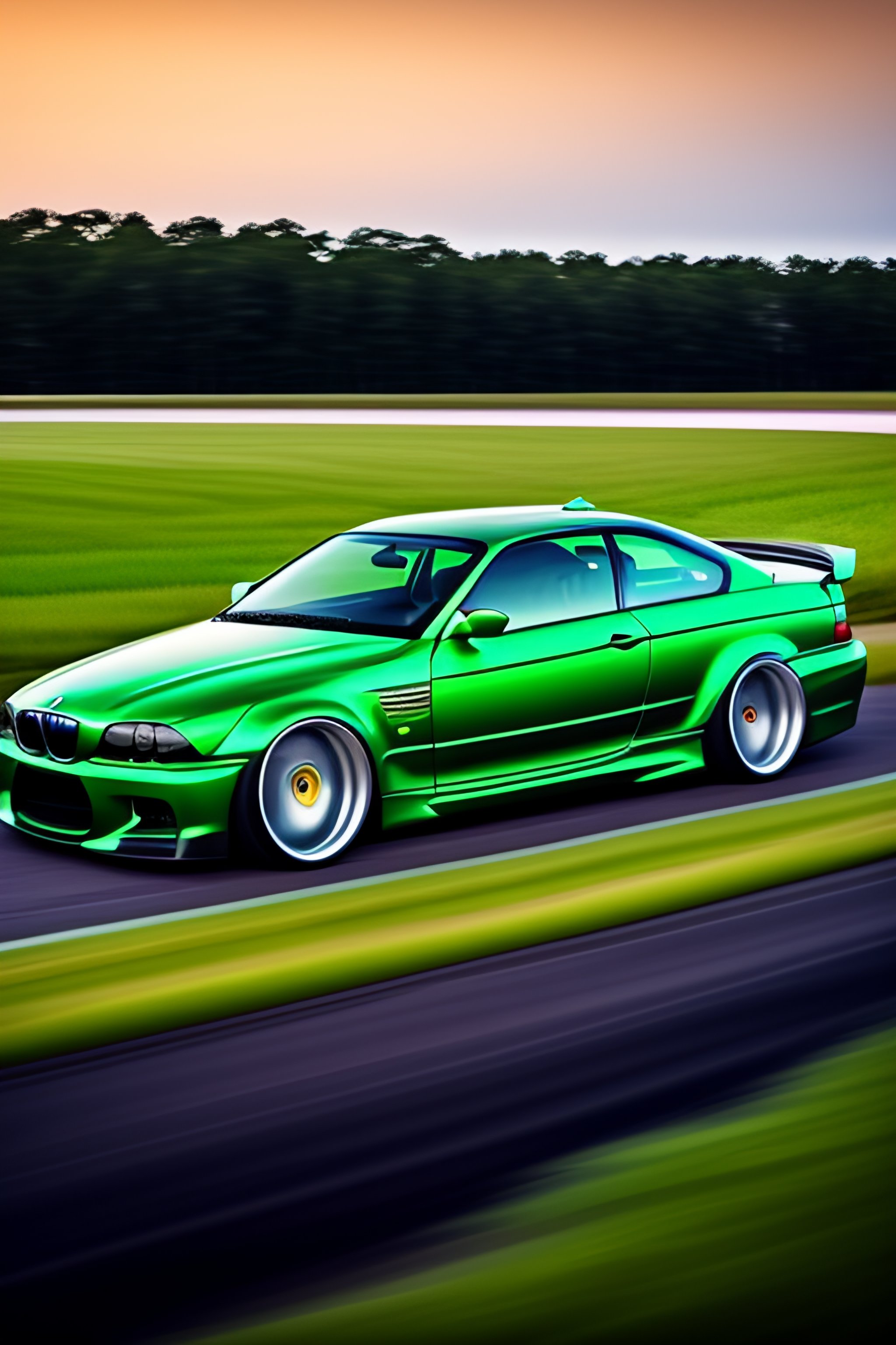 Lexica - Green e46 bmw, stock sedan, driving through connecticut, realistic