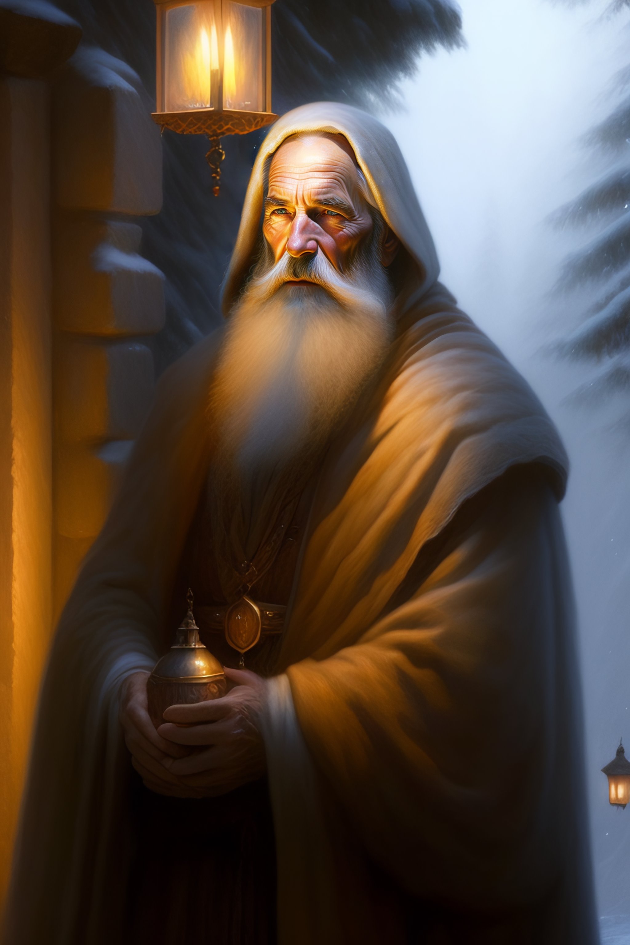 Lexica - An old hermit with long white beard on a white cloak holding a ...
