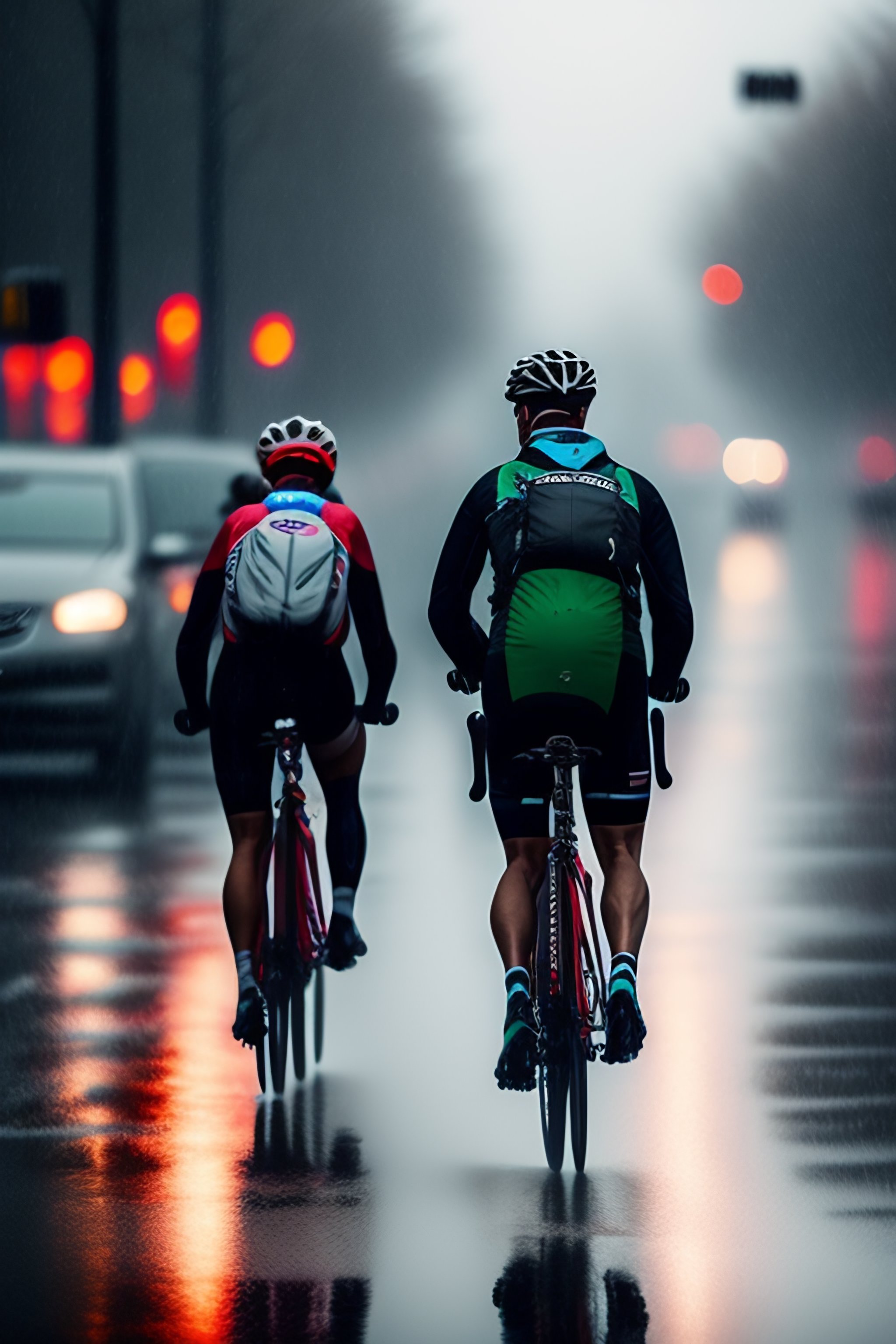 Lexica - Two cyclists on a rainy day at landscape