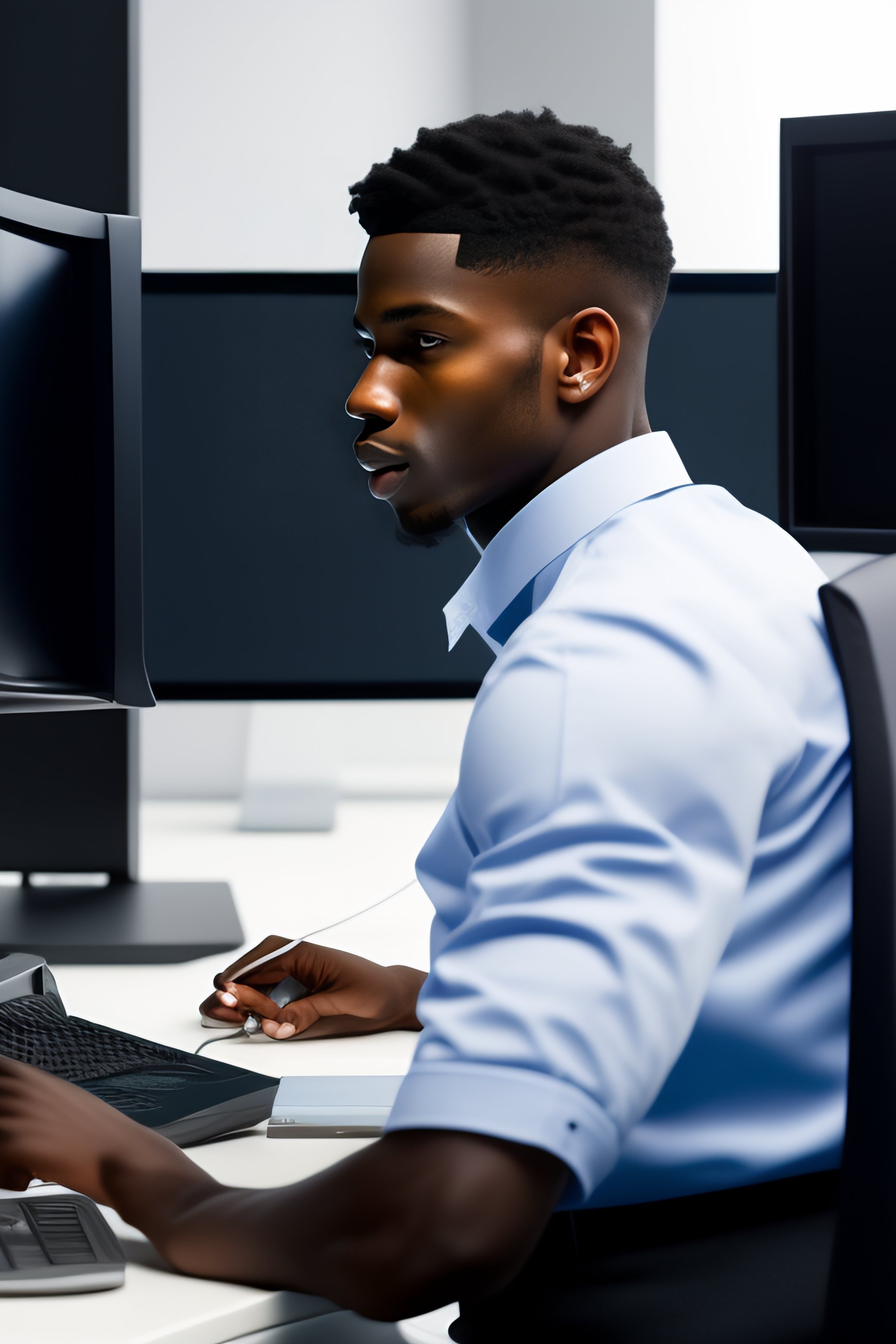 Lexica - A black young man, operating a Macintosh laptop in a white room.