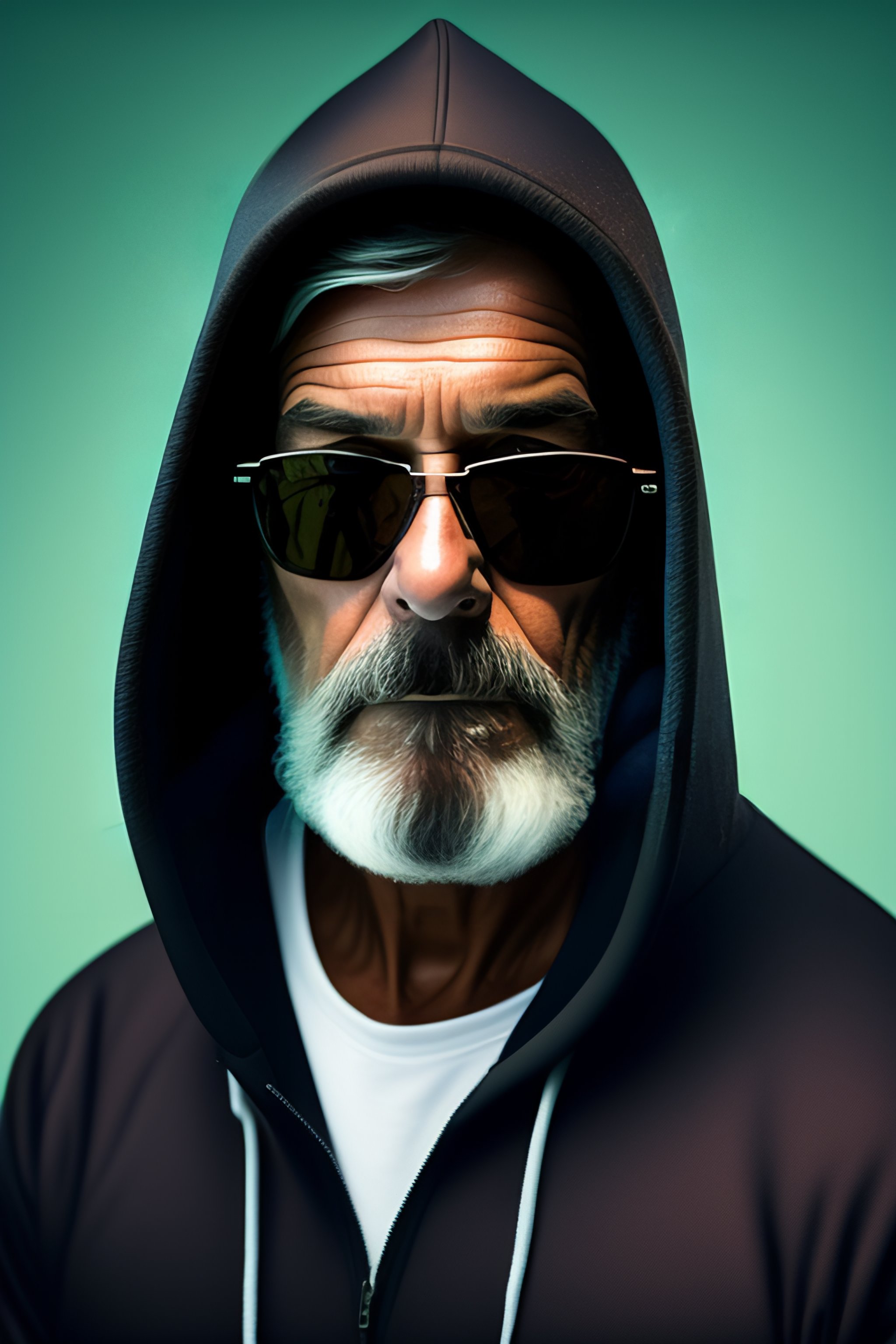 Lexica - 58 year old man, in a hoodie, six feet tall, dark sunglasses ...
