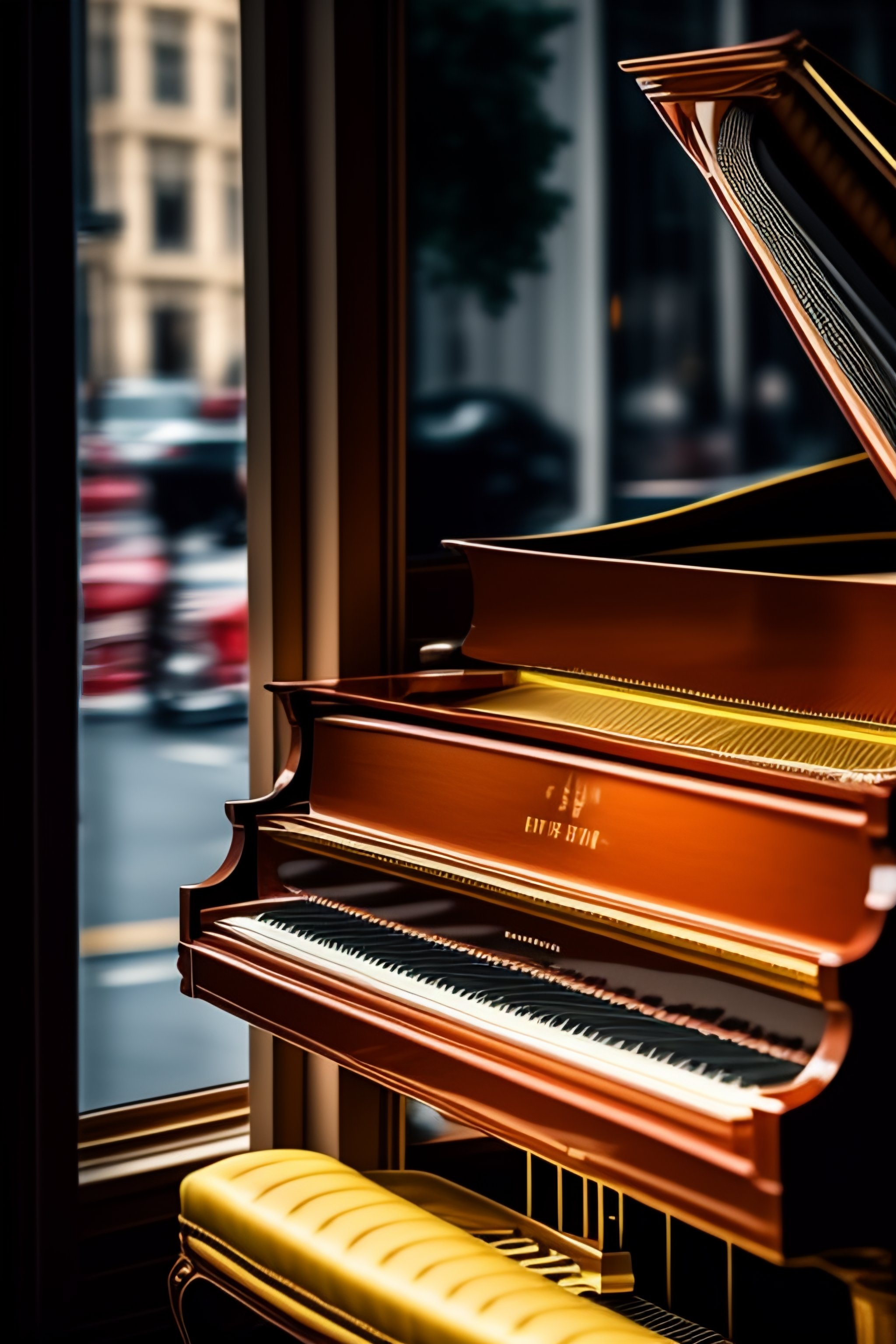 Lexica - Grand piano for sale in window of piano shop looking in from ...