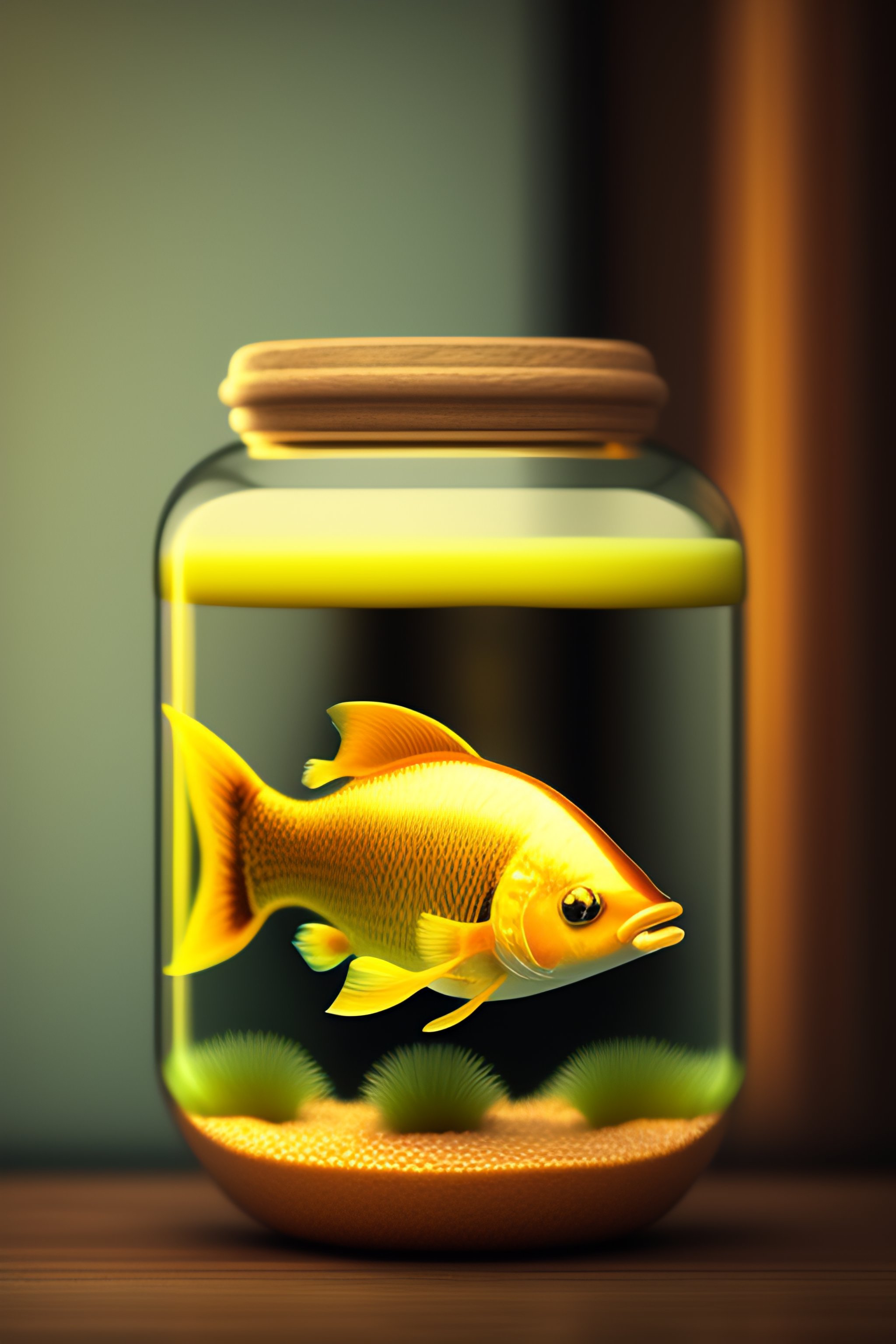 Lexica - A cute little golden fish in a small jar fish tank