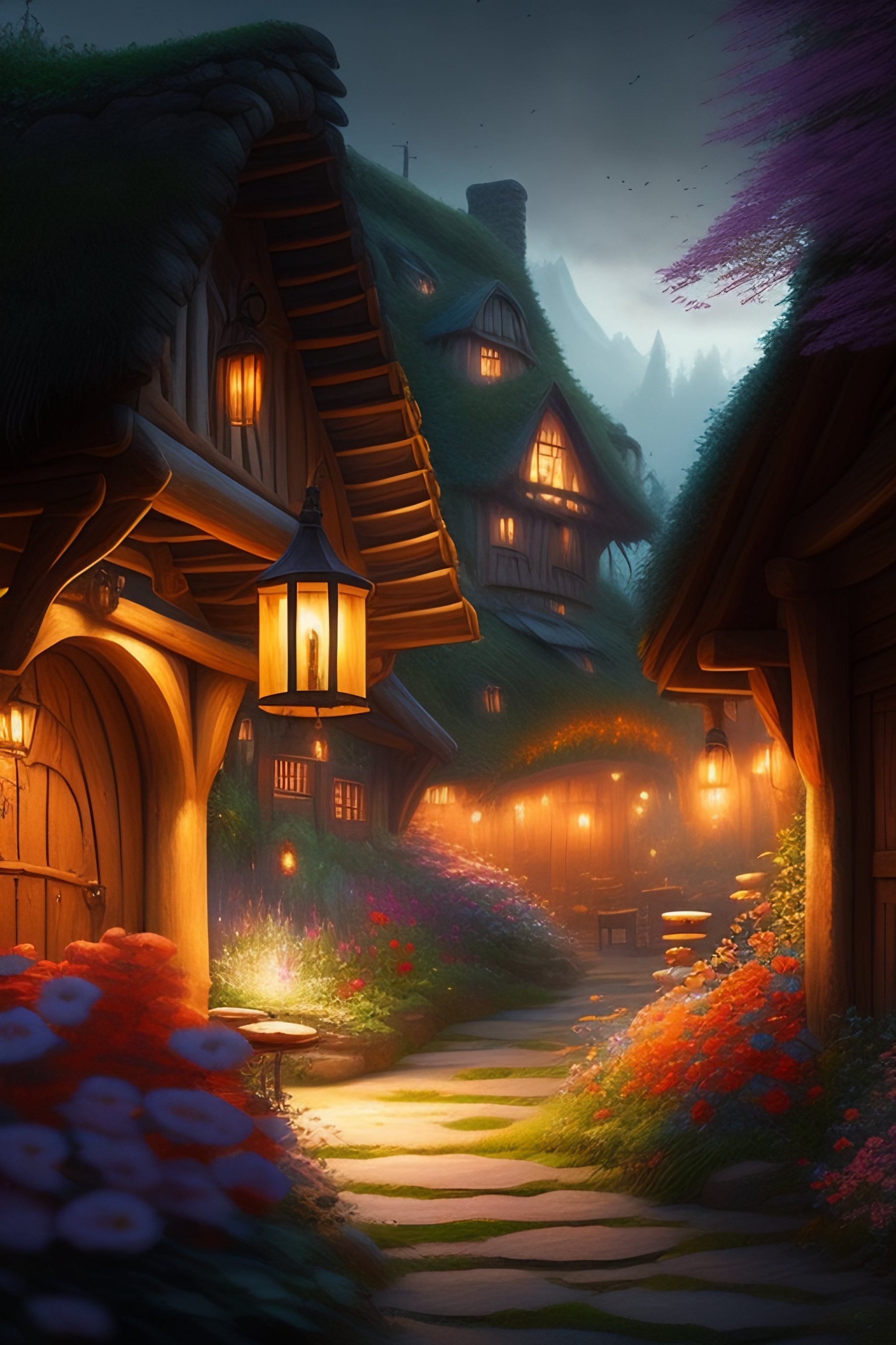 Lexica - Hobbit village, market, flowers, trees, crowded, peaceful ...