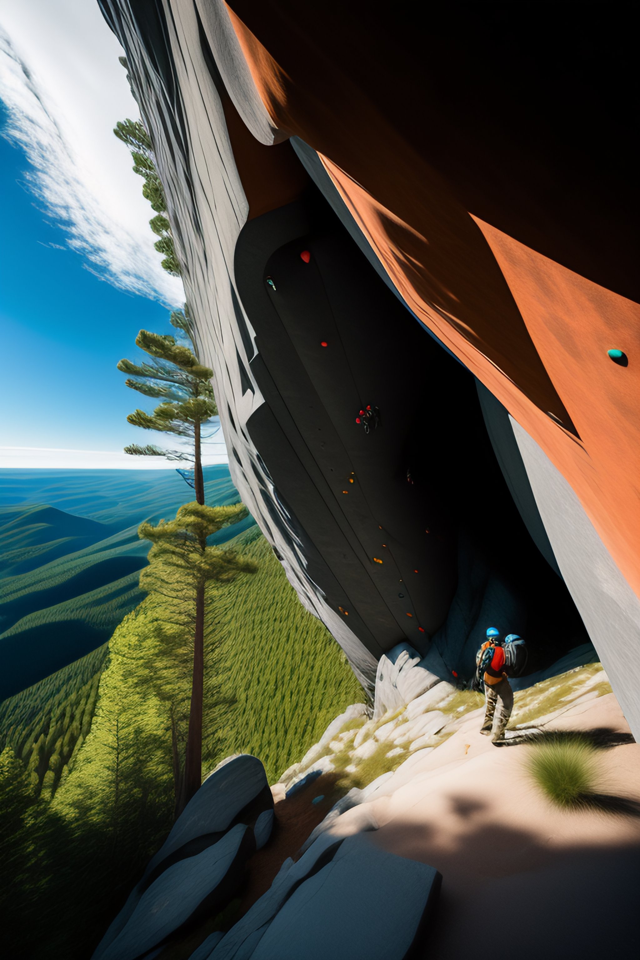 Lexica - Rock climber climbing wall on mountain face overlook;