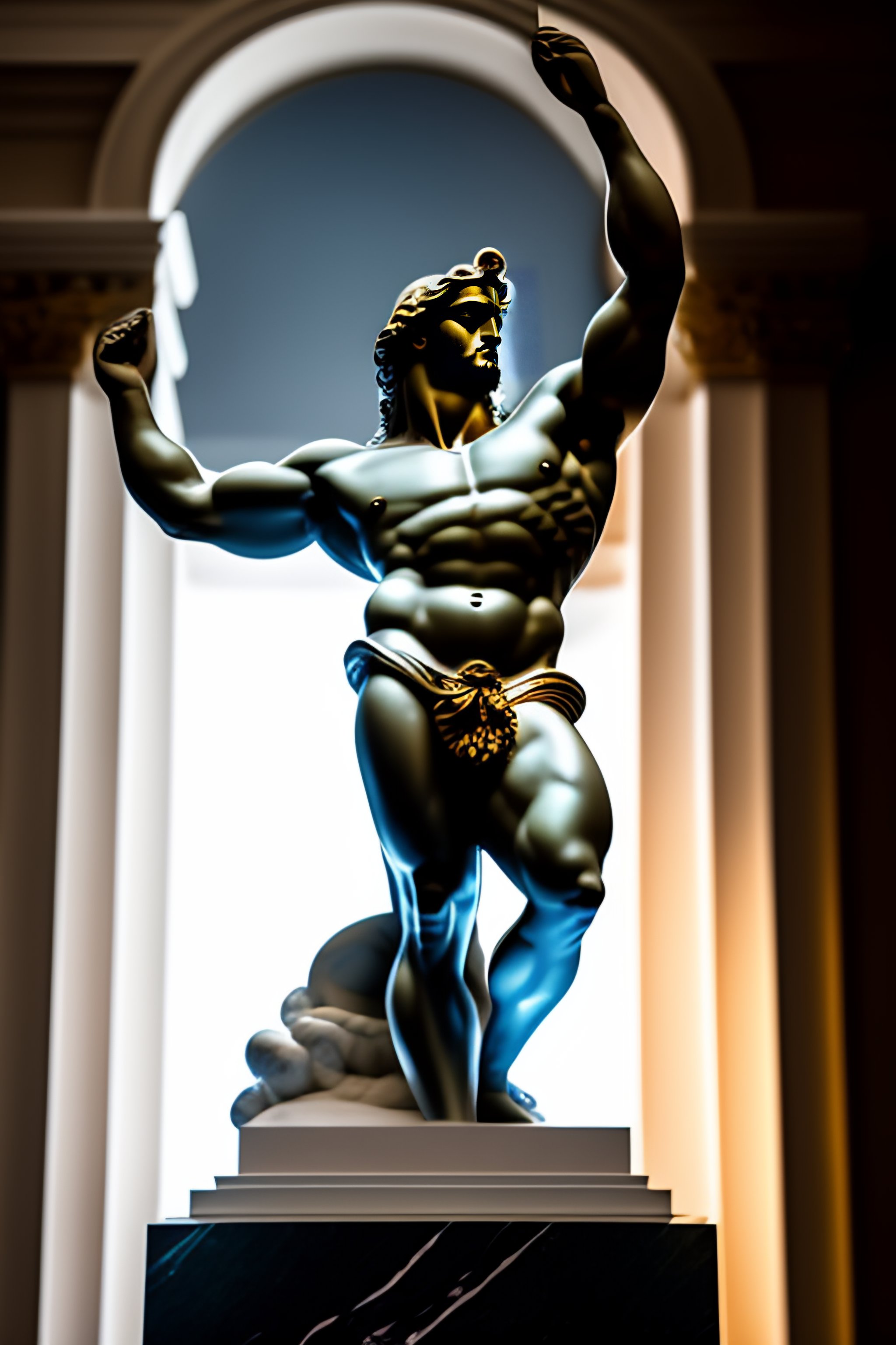 Lexica - Photo of a bronze statue of zeus, gleaming, reflections ...