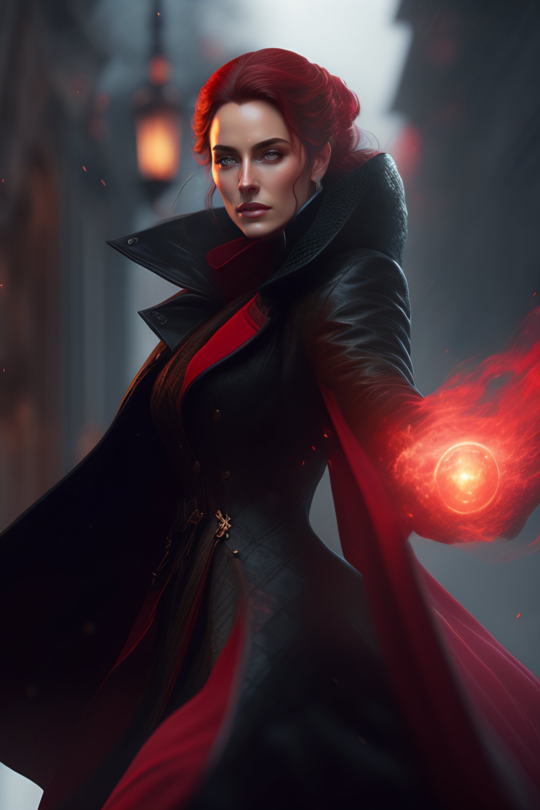 Lexica - A woman in a black coat using red witch magic, highly detailed ...