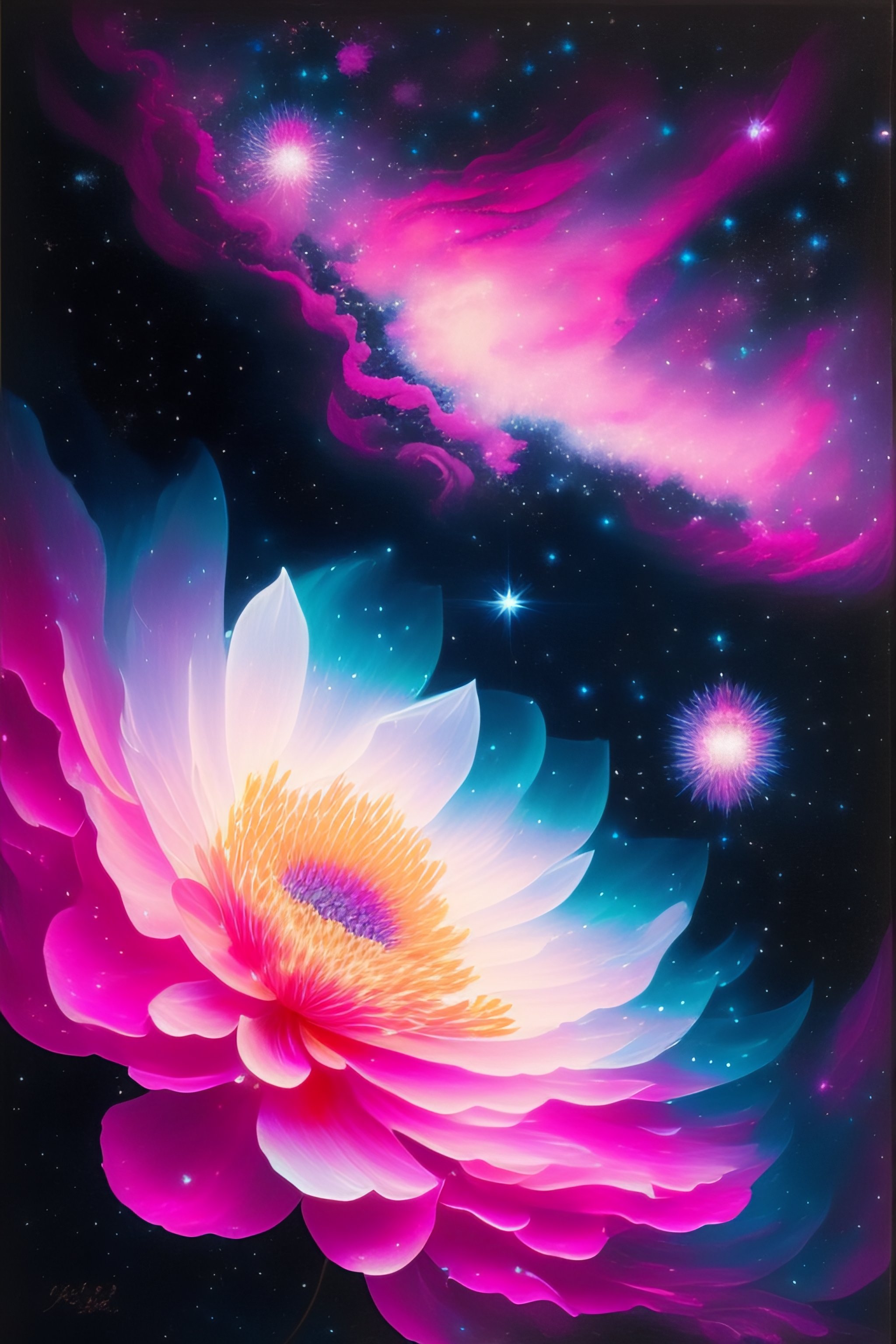 Lexica - Painting of a galactic nebula glowing flower blossoms and pink ...
