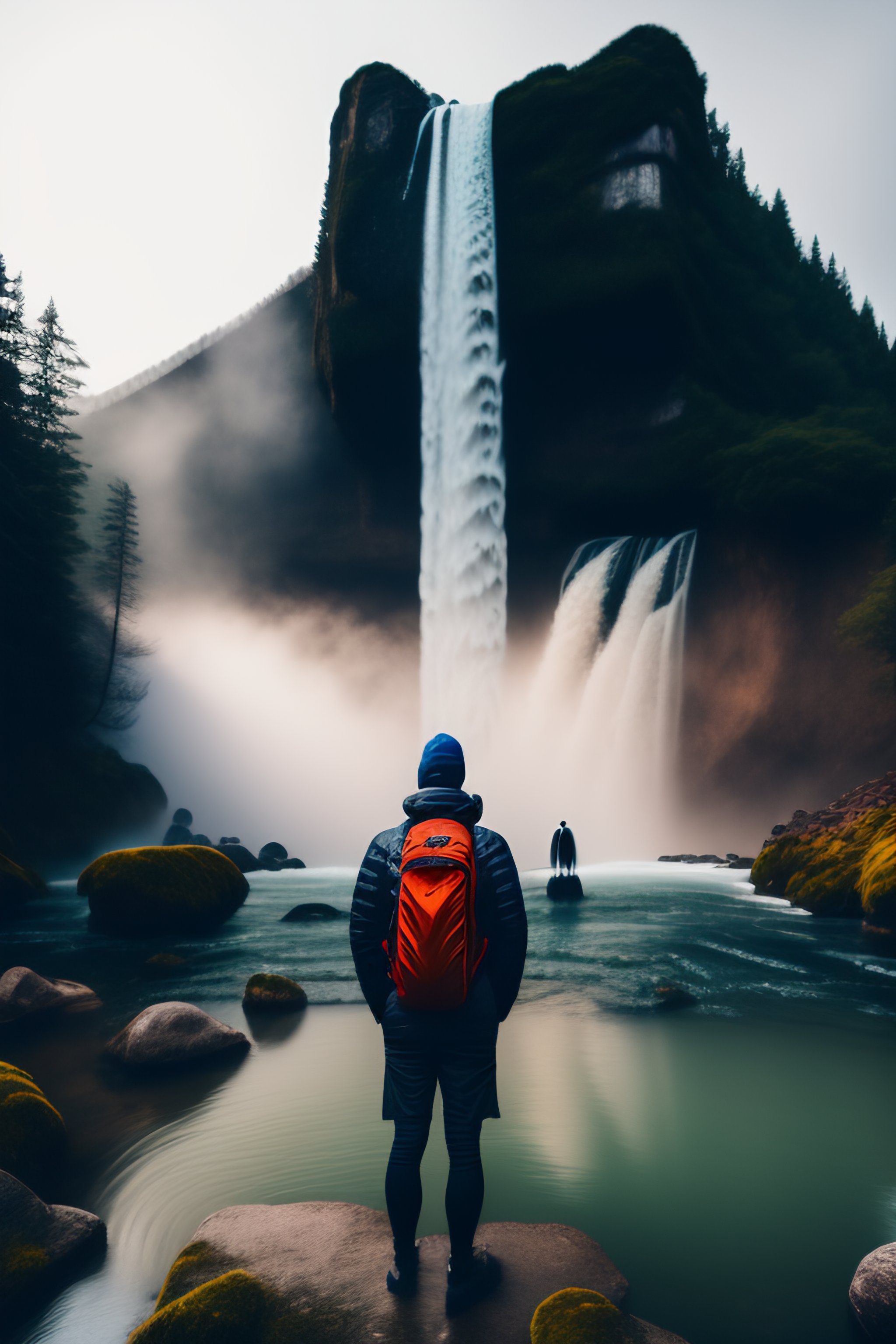 Lexica - Person standing still in a waterfall taking a picture