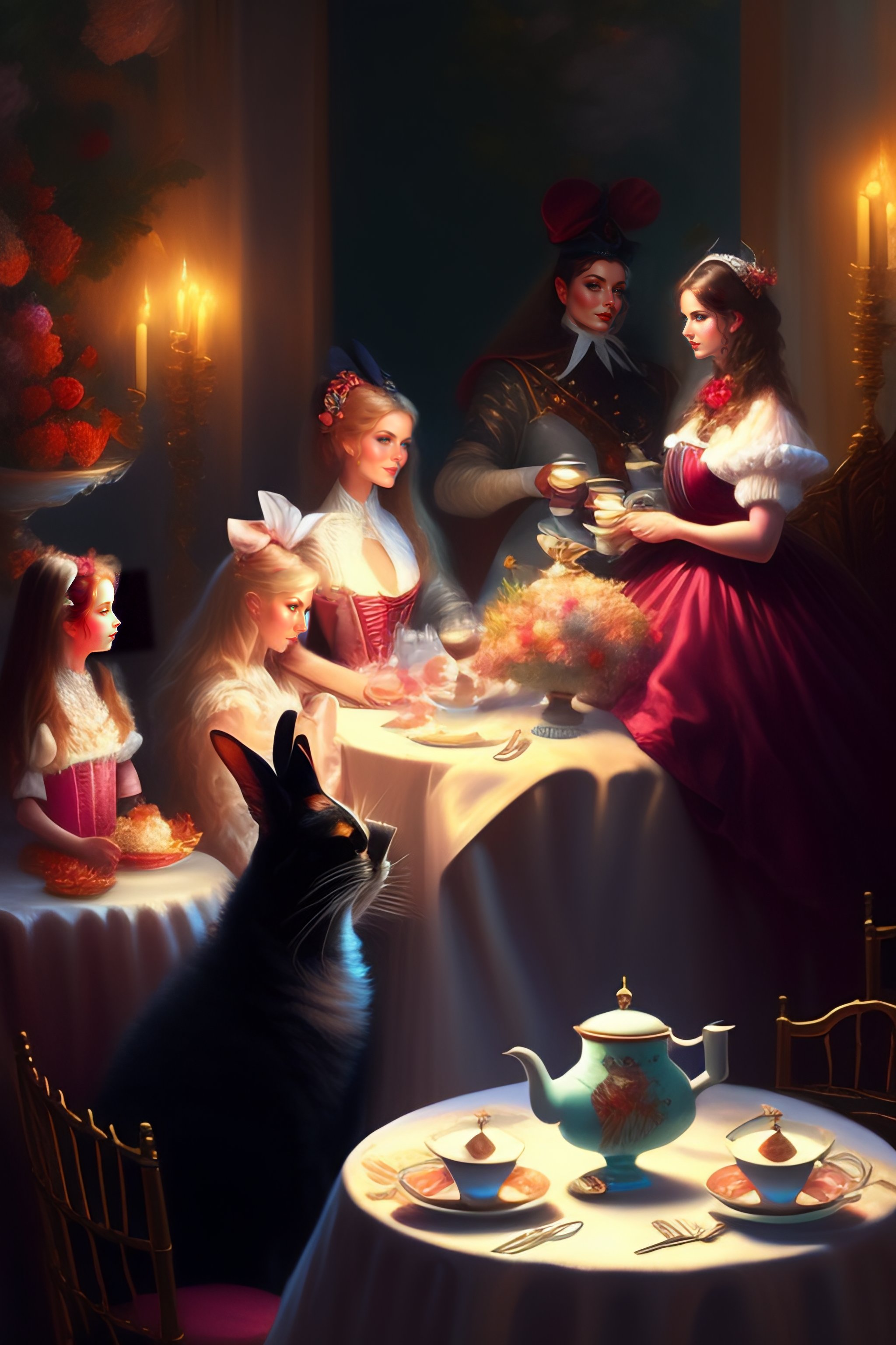 Lexica - Black Alice at a tea party by Thomas Kinkade, Alice in ...
