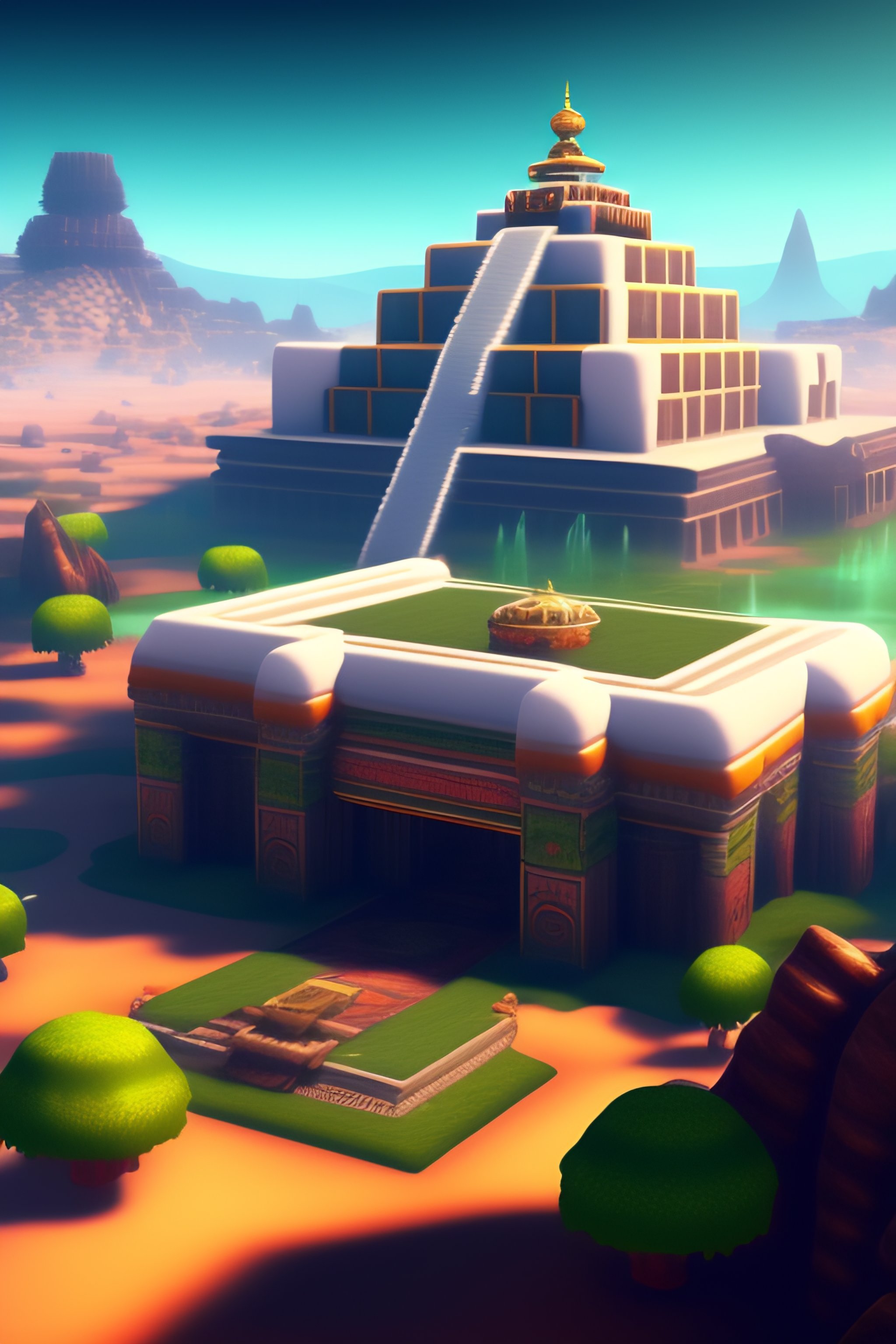 Lexica - White Aztec temple with a library in a green desert, acid ...