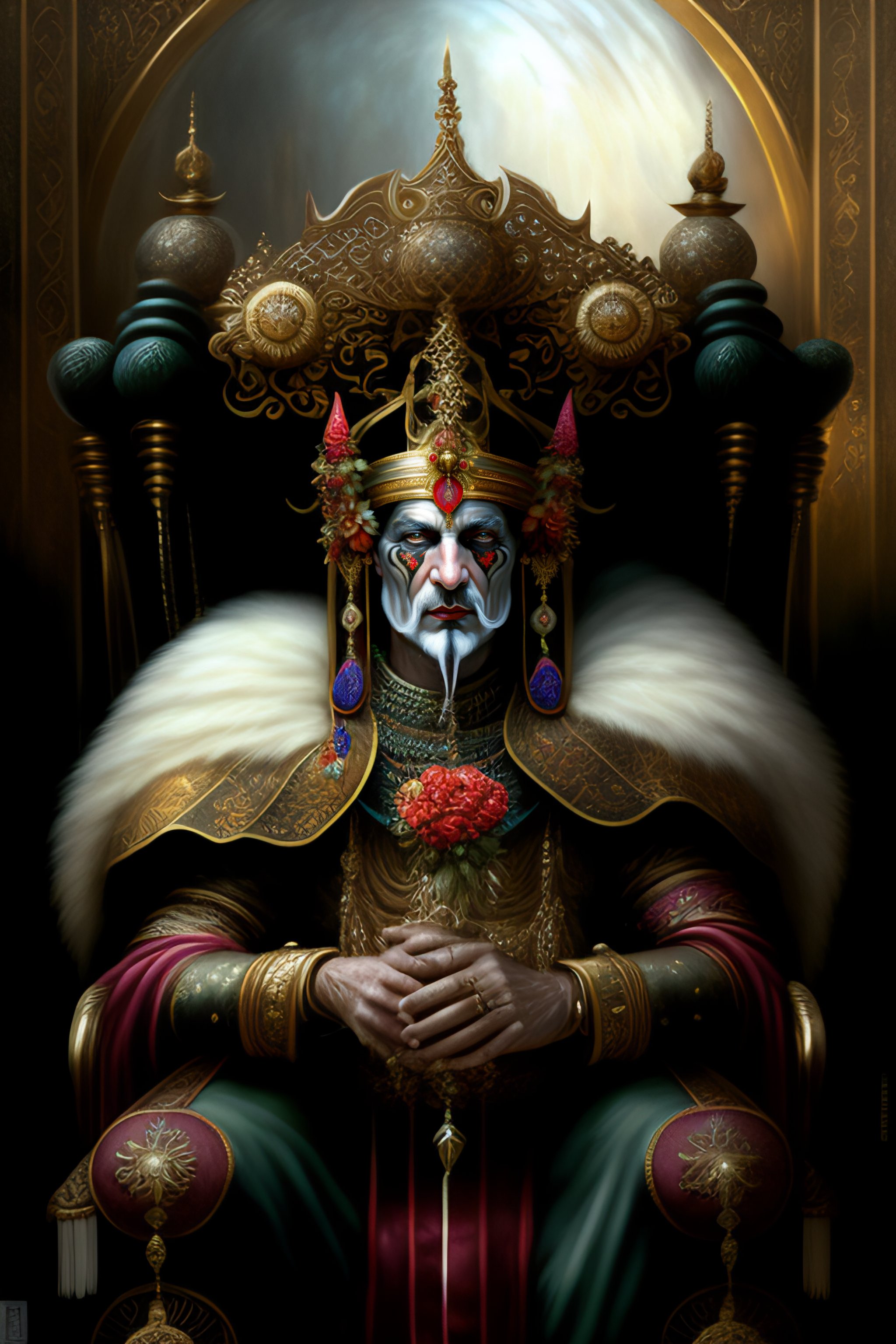 Lexica - An old ugly jester with a wreath of flowers on his head ...