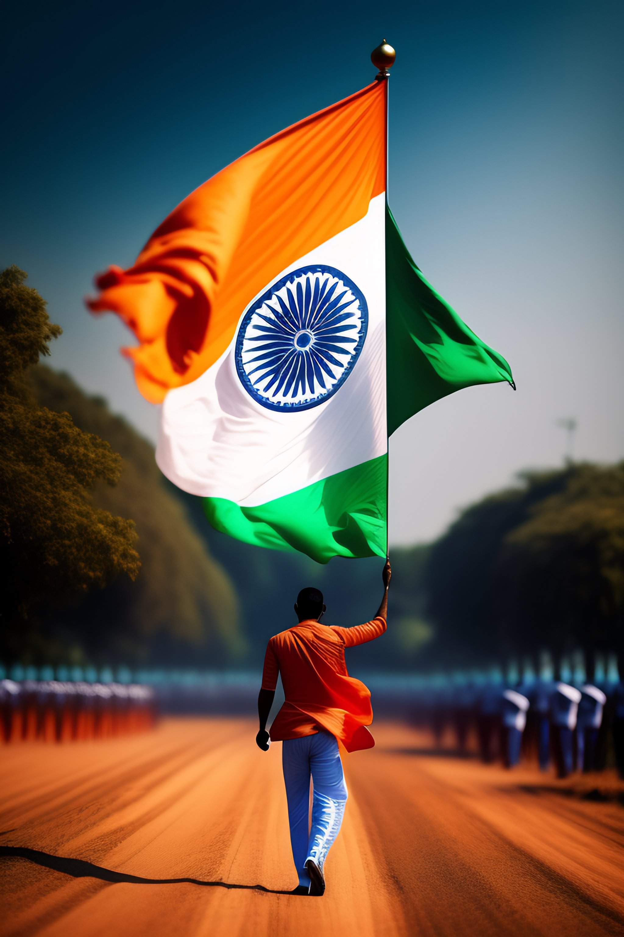 Lexica - A man running holding indian flag in hand
