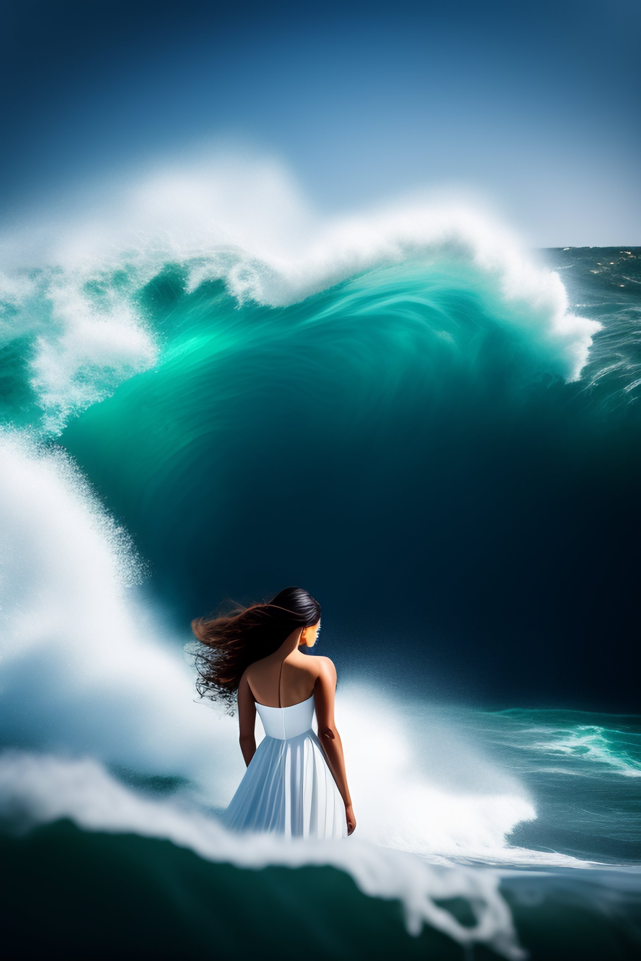 Lexica - Magestic woman by the ocean with huge waves behind