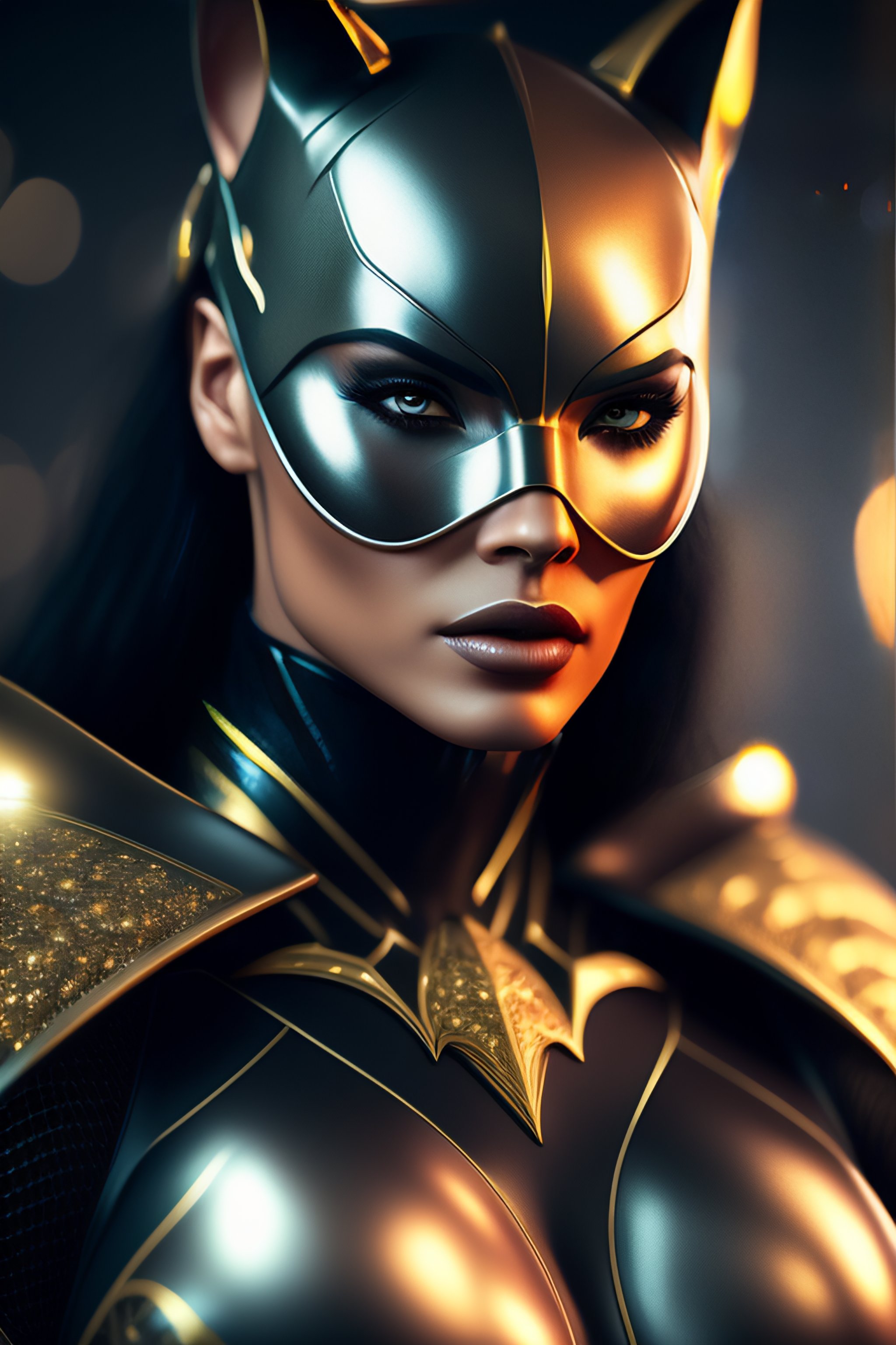 Lexica - Majestic action close-up portrait of bat-woman wearing chrome ...