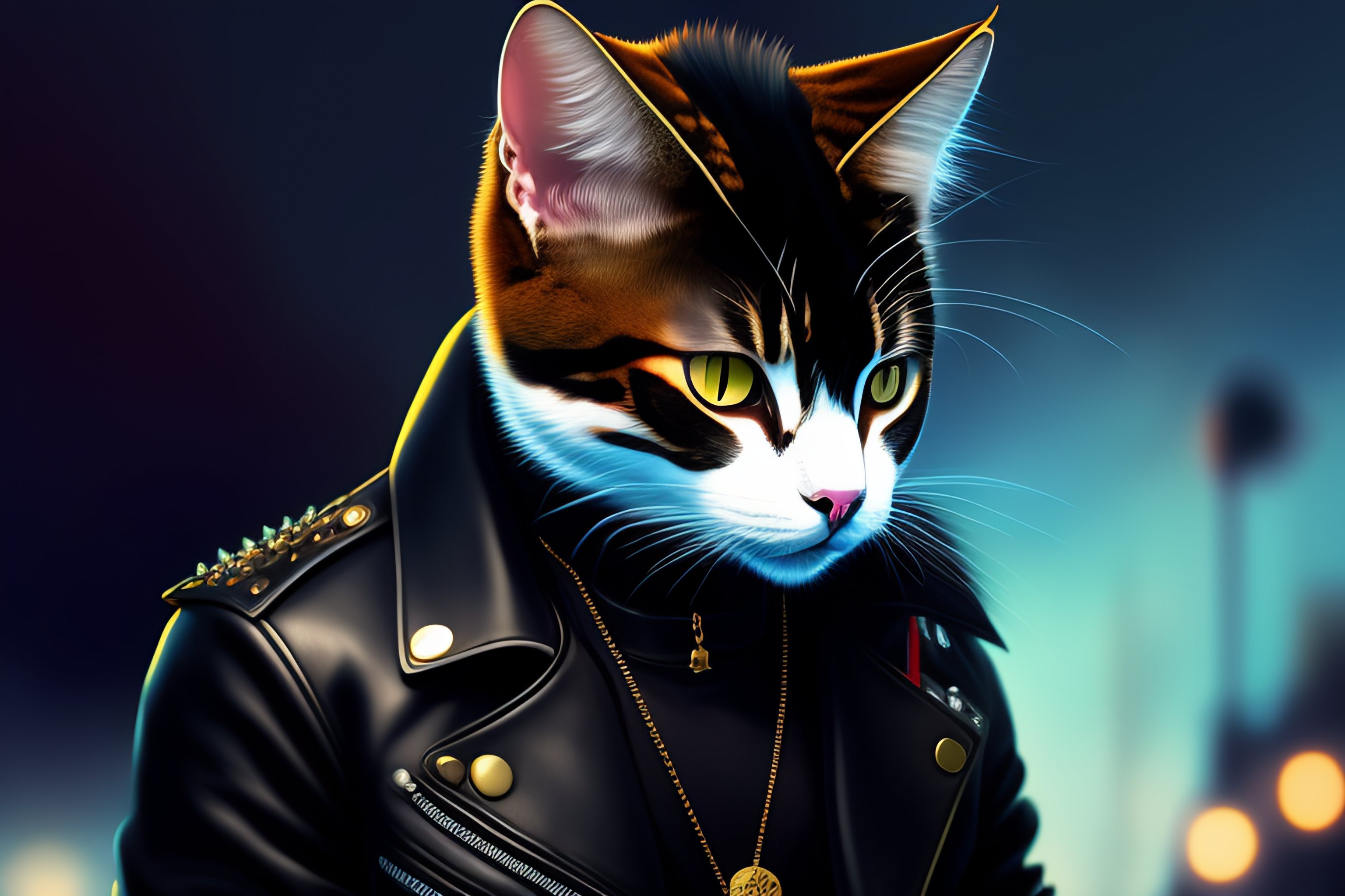 Lexica - Digital painting of a punk cat wearing a black leather jacket ...