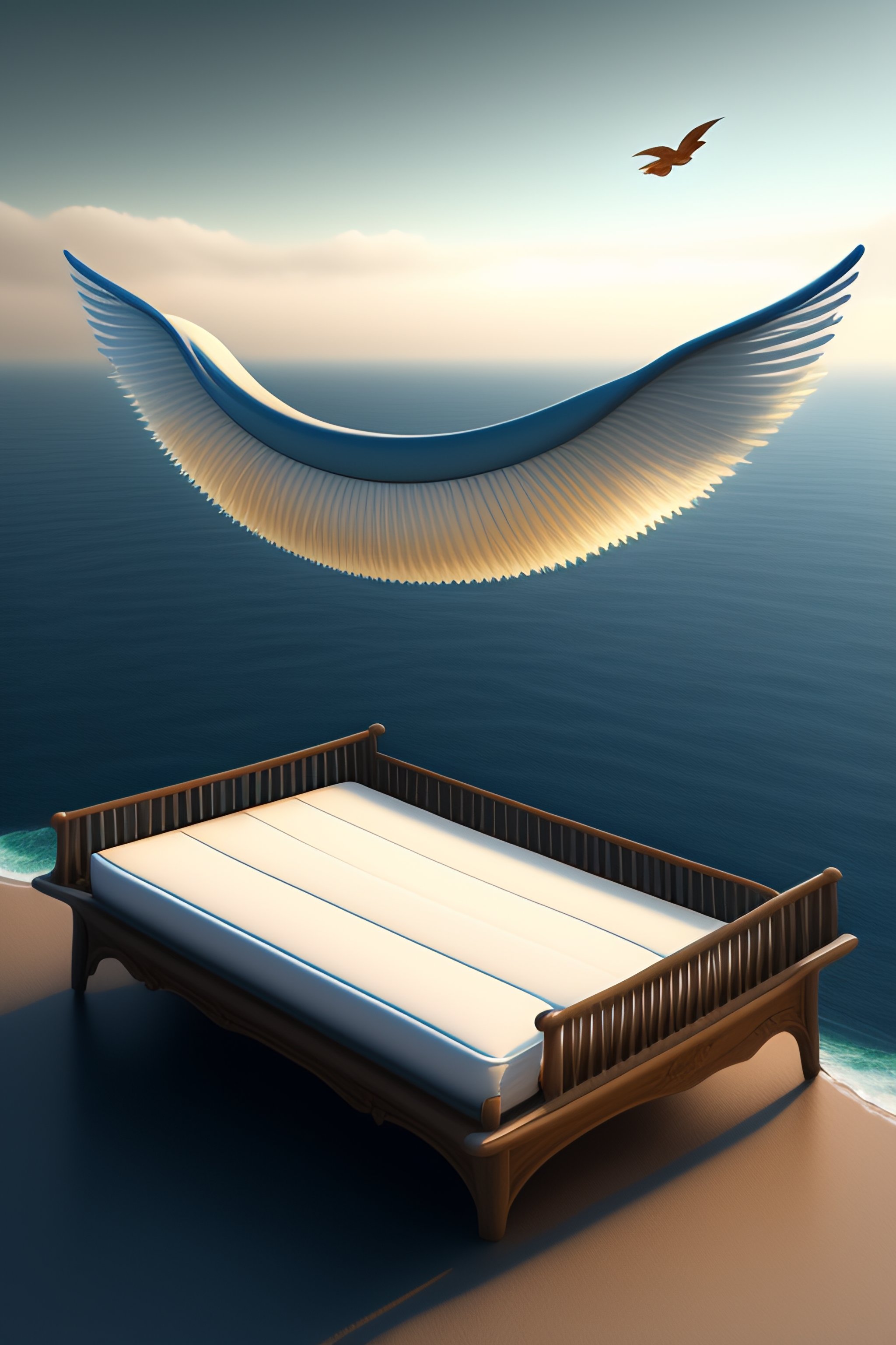 Lexica - A bed with wings fliying over the sea