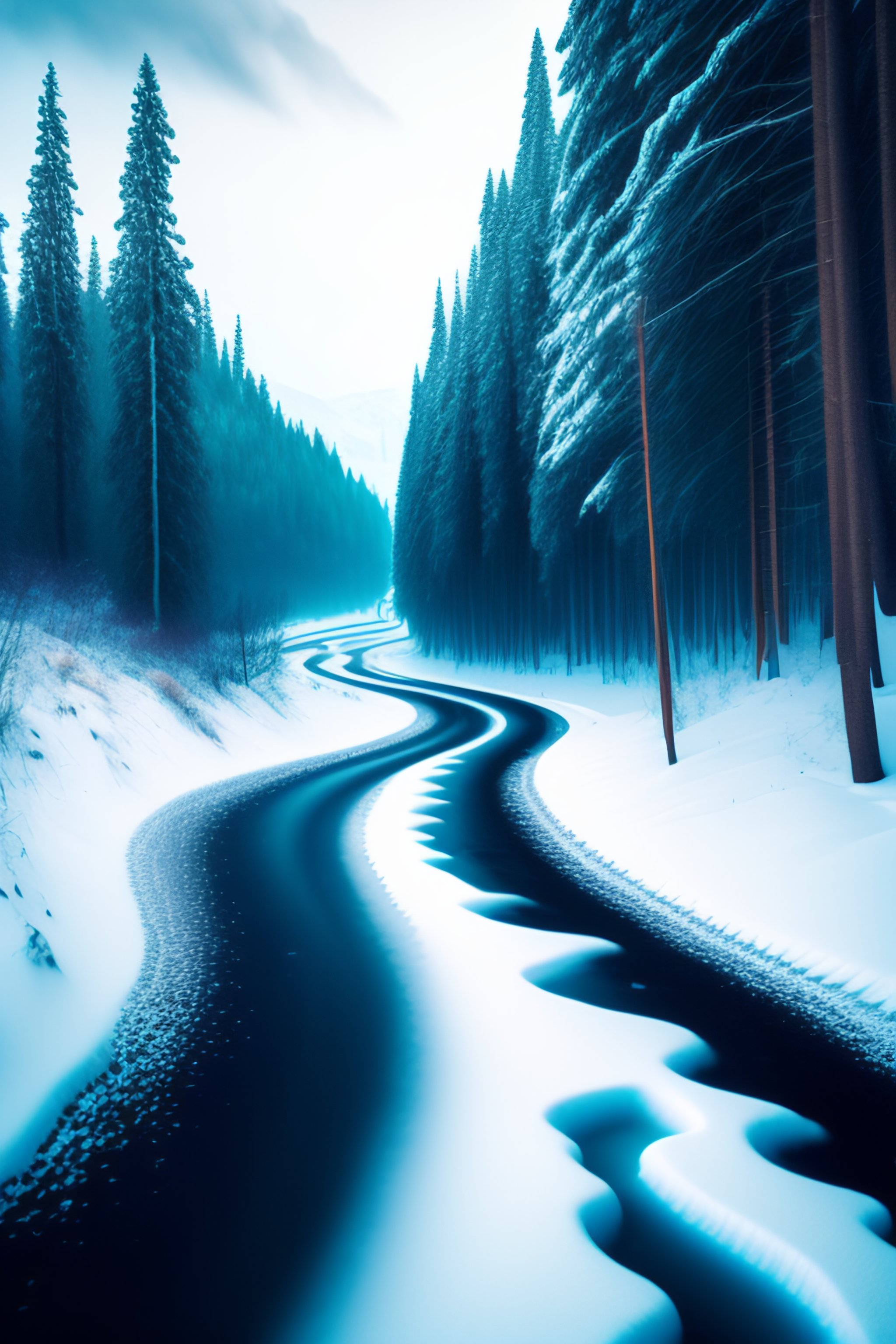 Lexica - Wavy road through a snowy forest. It snows, it's December.