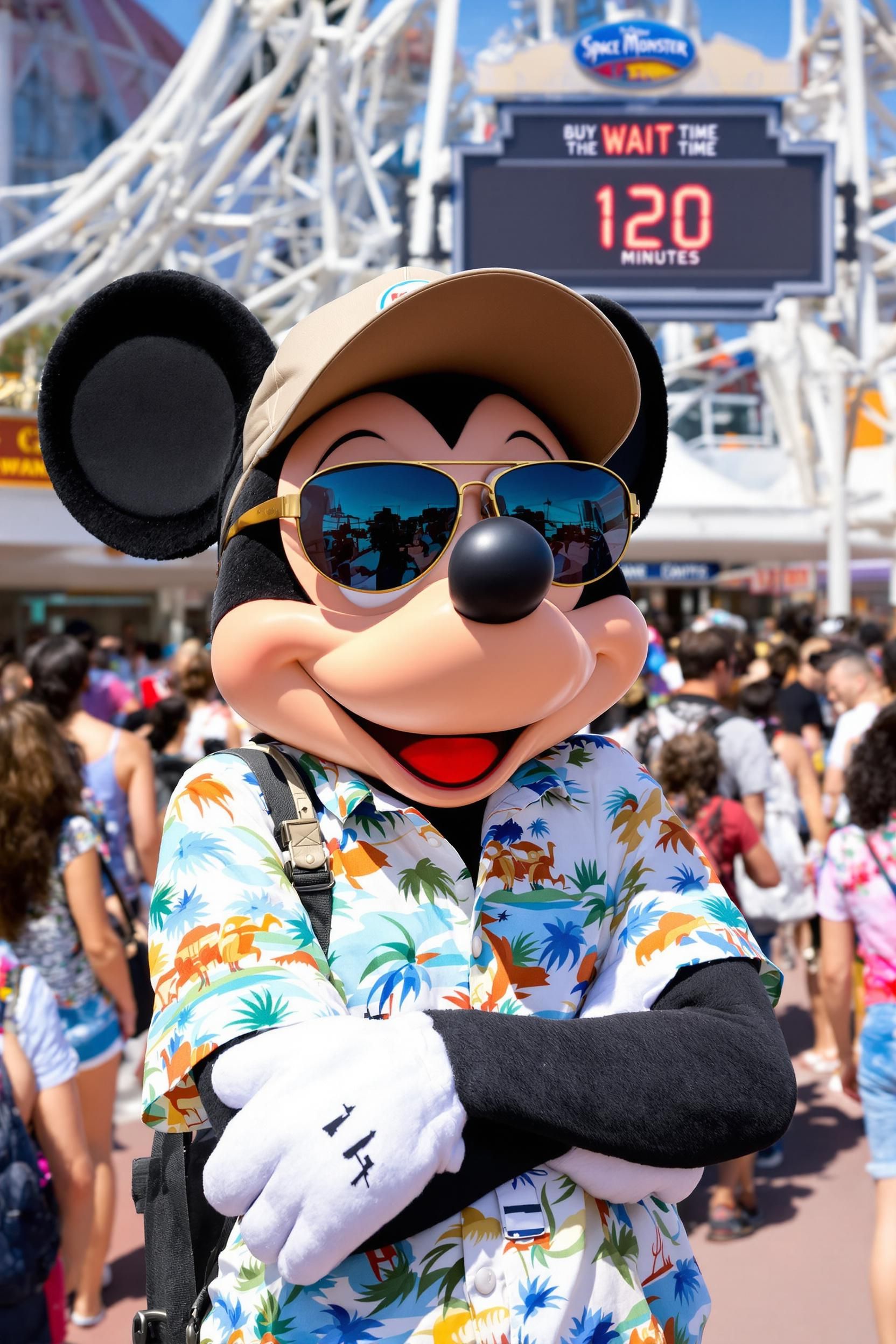 Lexica - Mickey Mouse waiting in line at Disney World, wearing ...