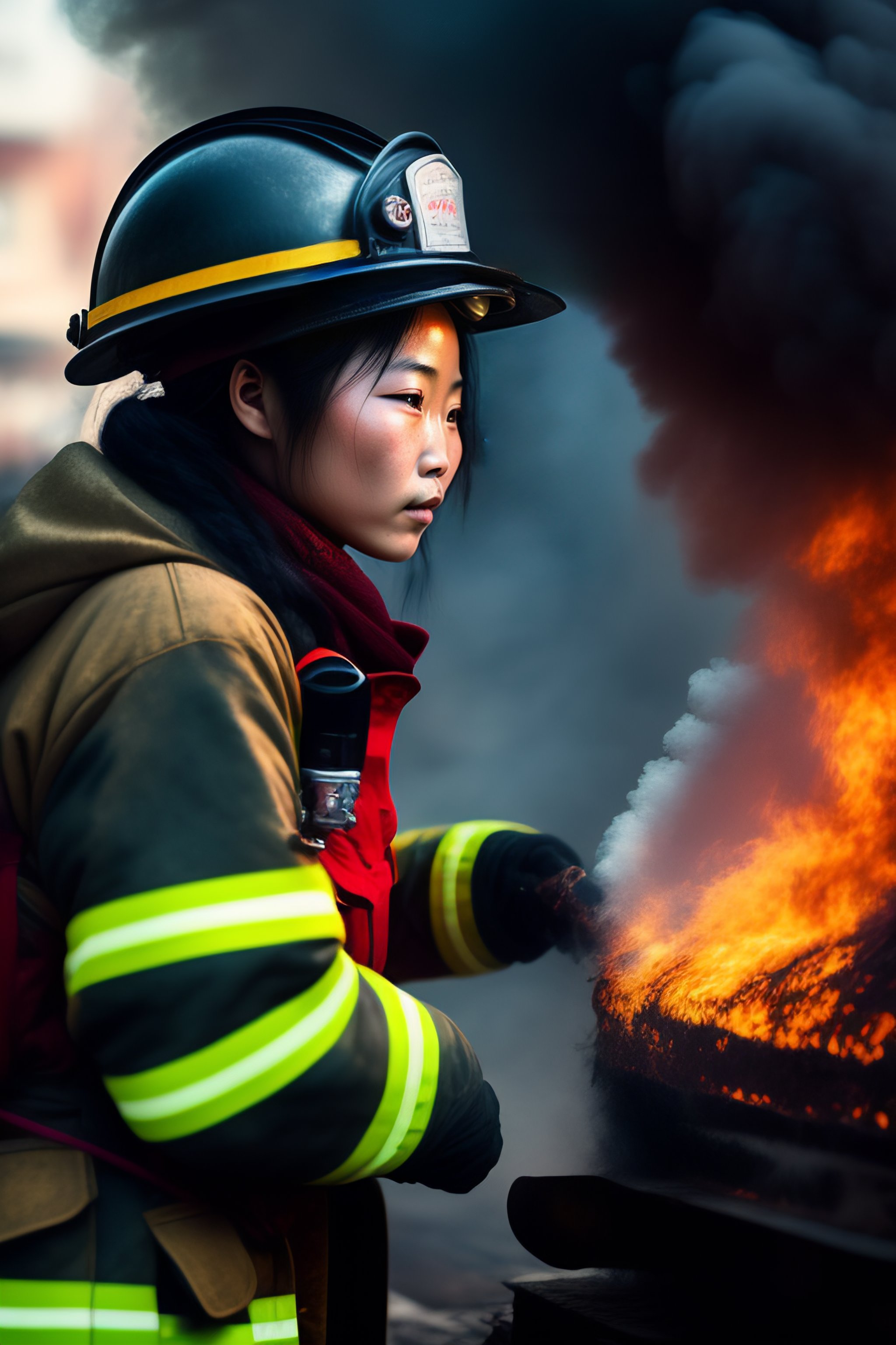 Lexica - A black chinese gipsy girl firefighter extinguising a fire in ...