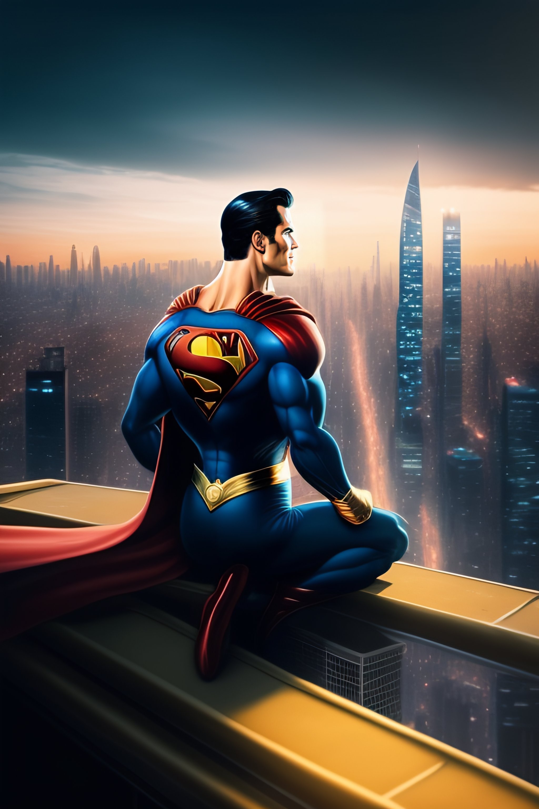 Lexica - Superman sitting on a roof looking down at a city below ...