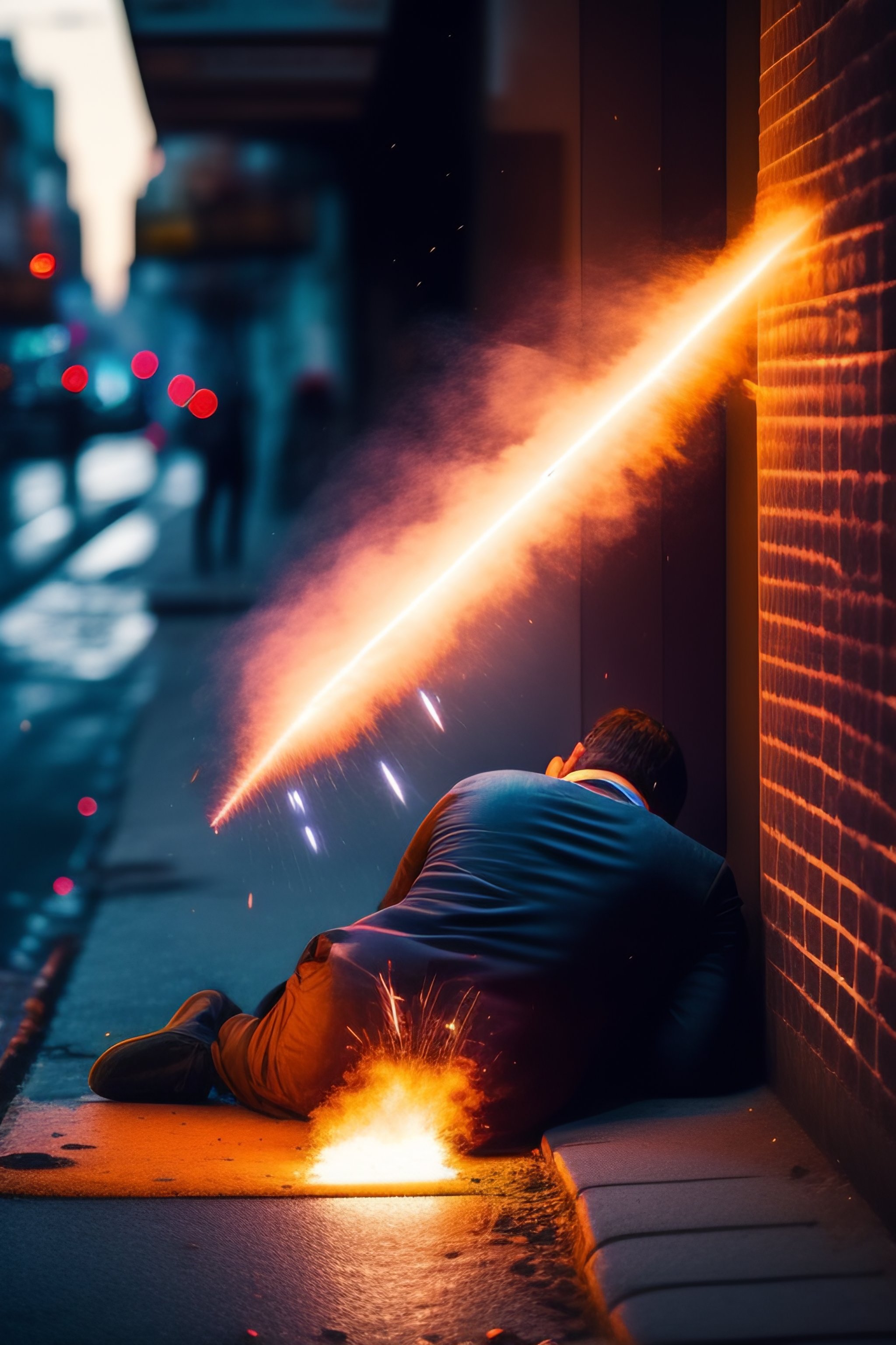 Lexica - Man lying on the ground shot leaning against a wall bleeding ...