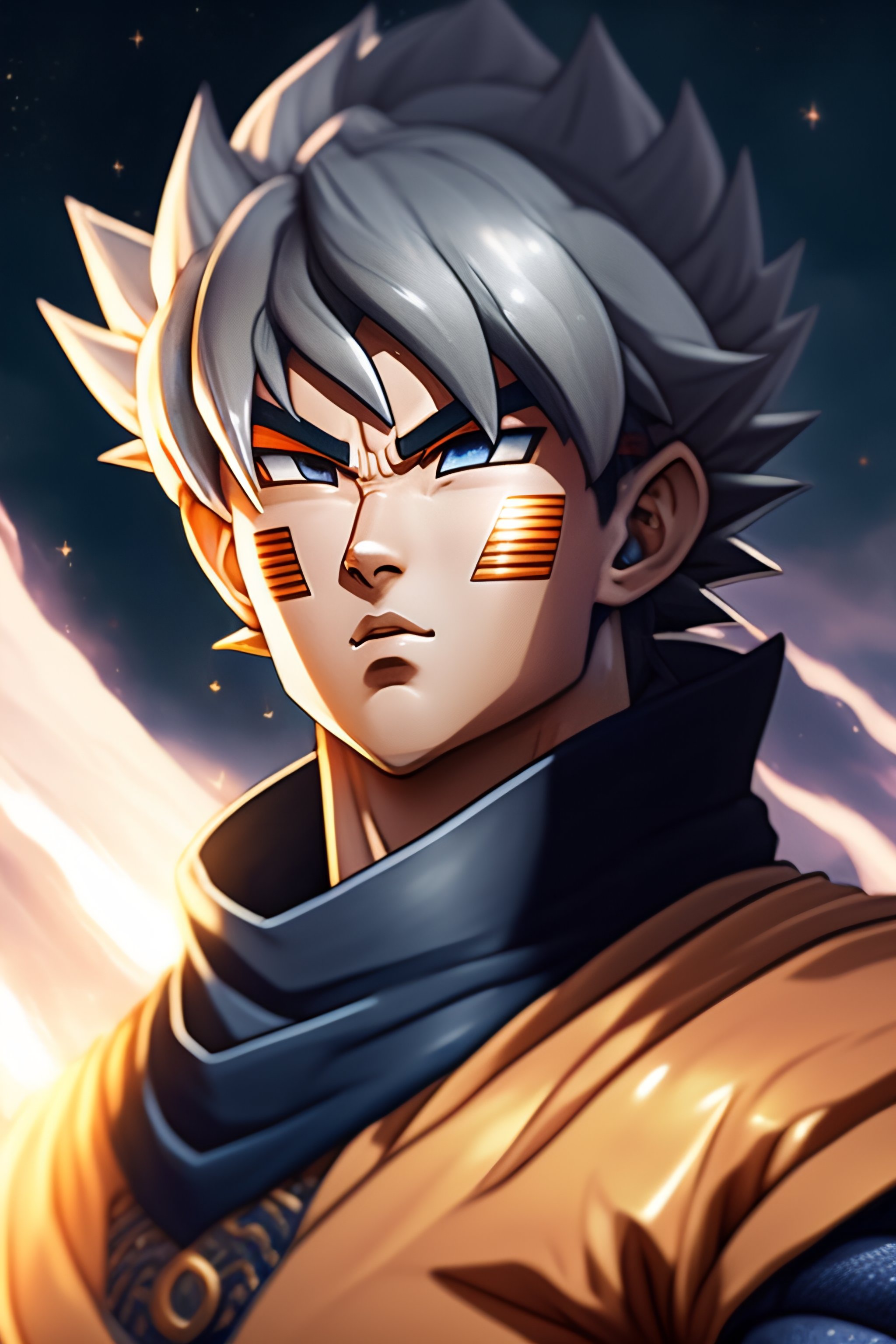 Lexica - Protrait, son goku from dragonball z, grey hair, bangs ...