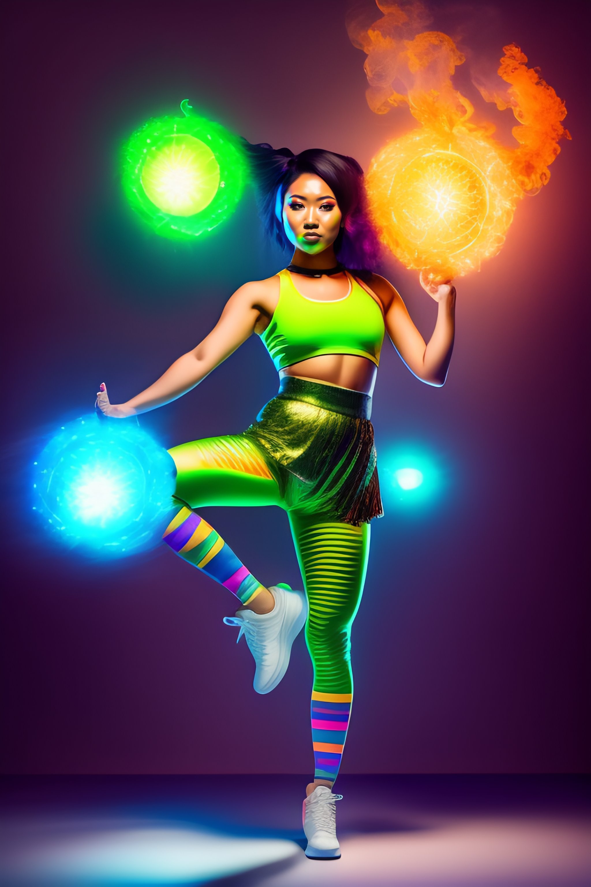 Lexica - Full body british singer "greentea peng" fighting outfit, jump ...