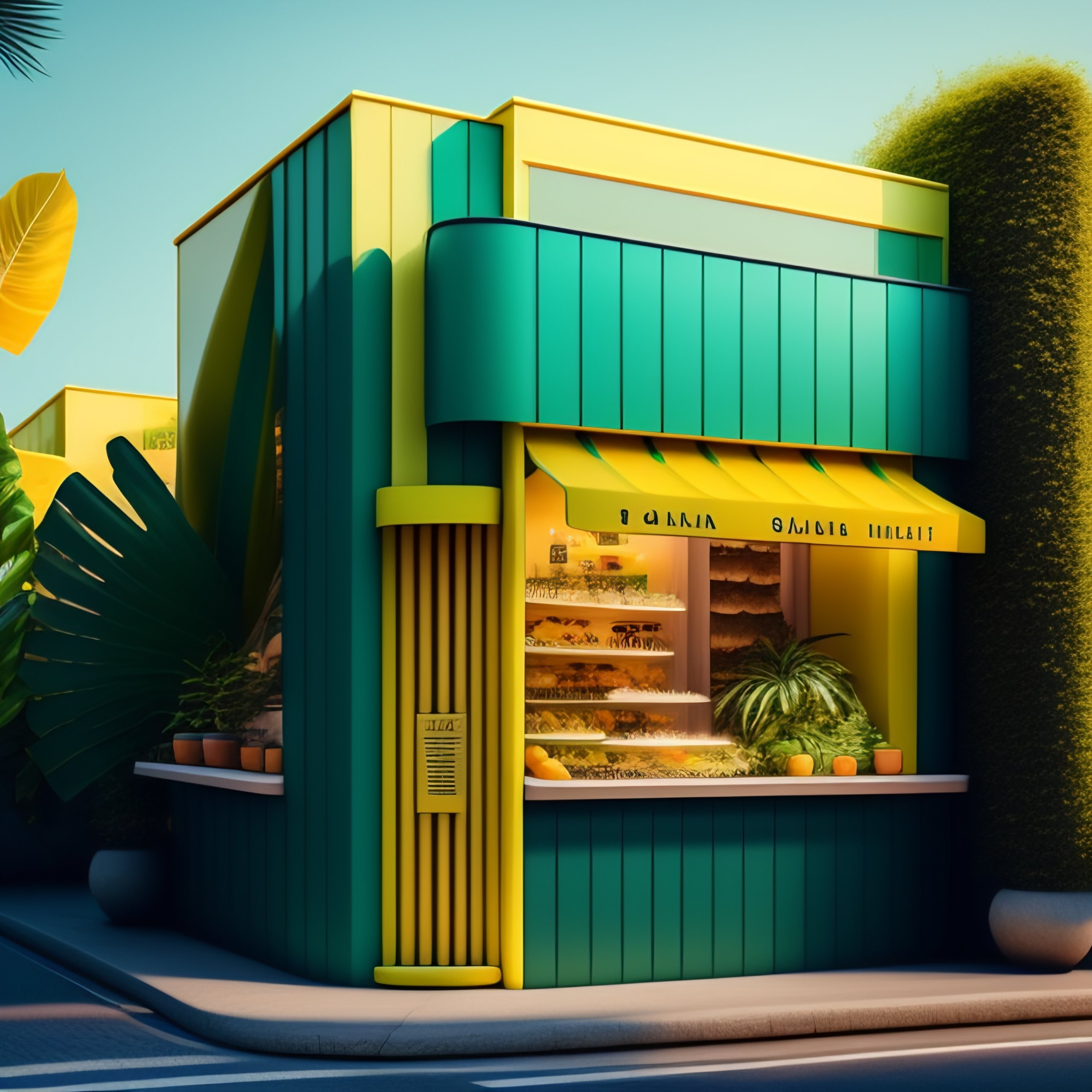 Lexica - A yellow gelato shop facade with tropical plants, minimalist ...