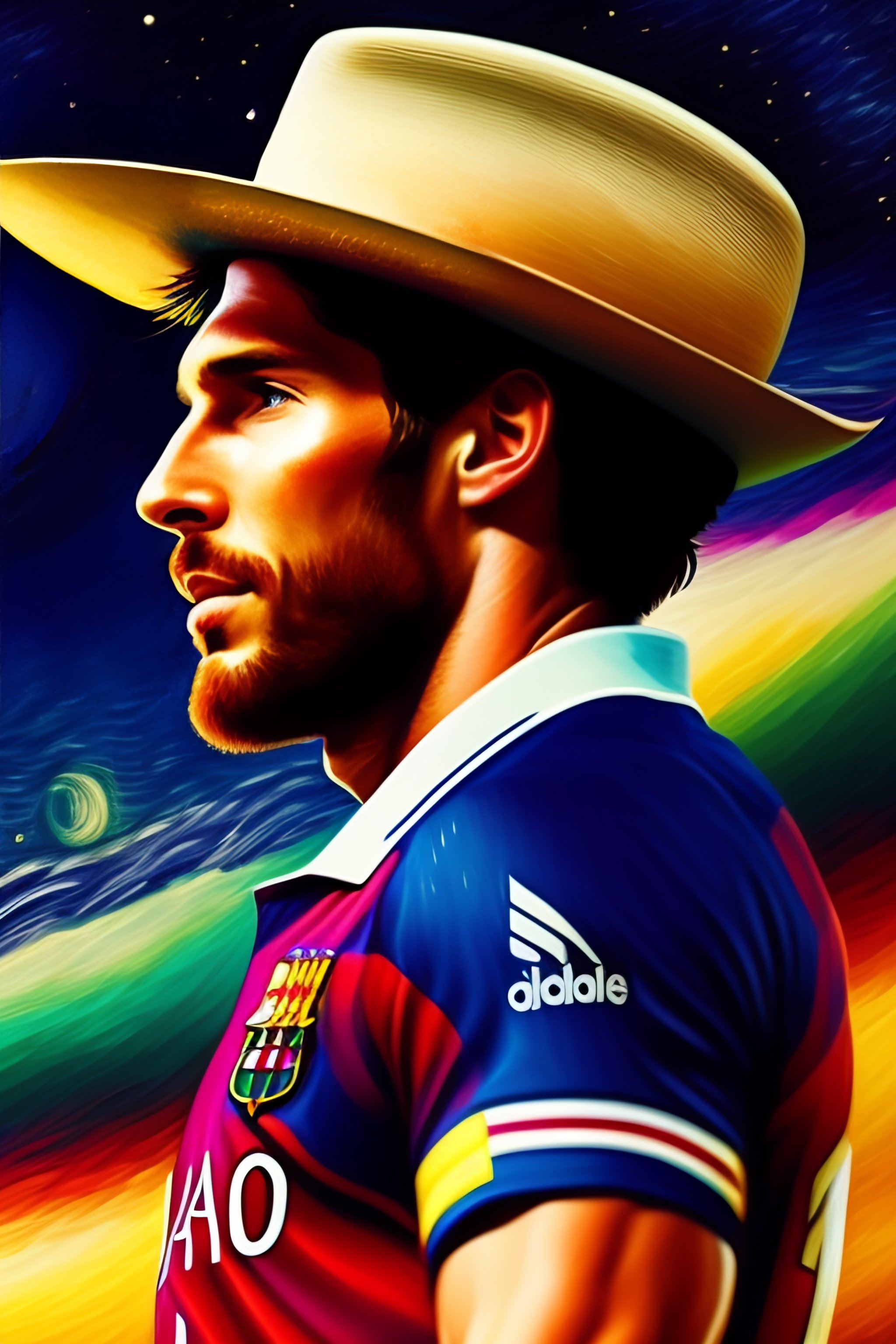 Lexica - Leo Messi with a cowboy hat look to the horizon, distant ...