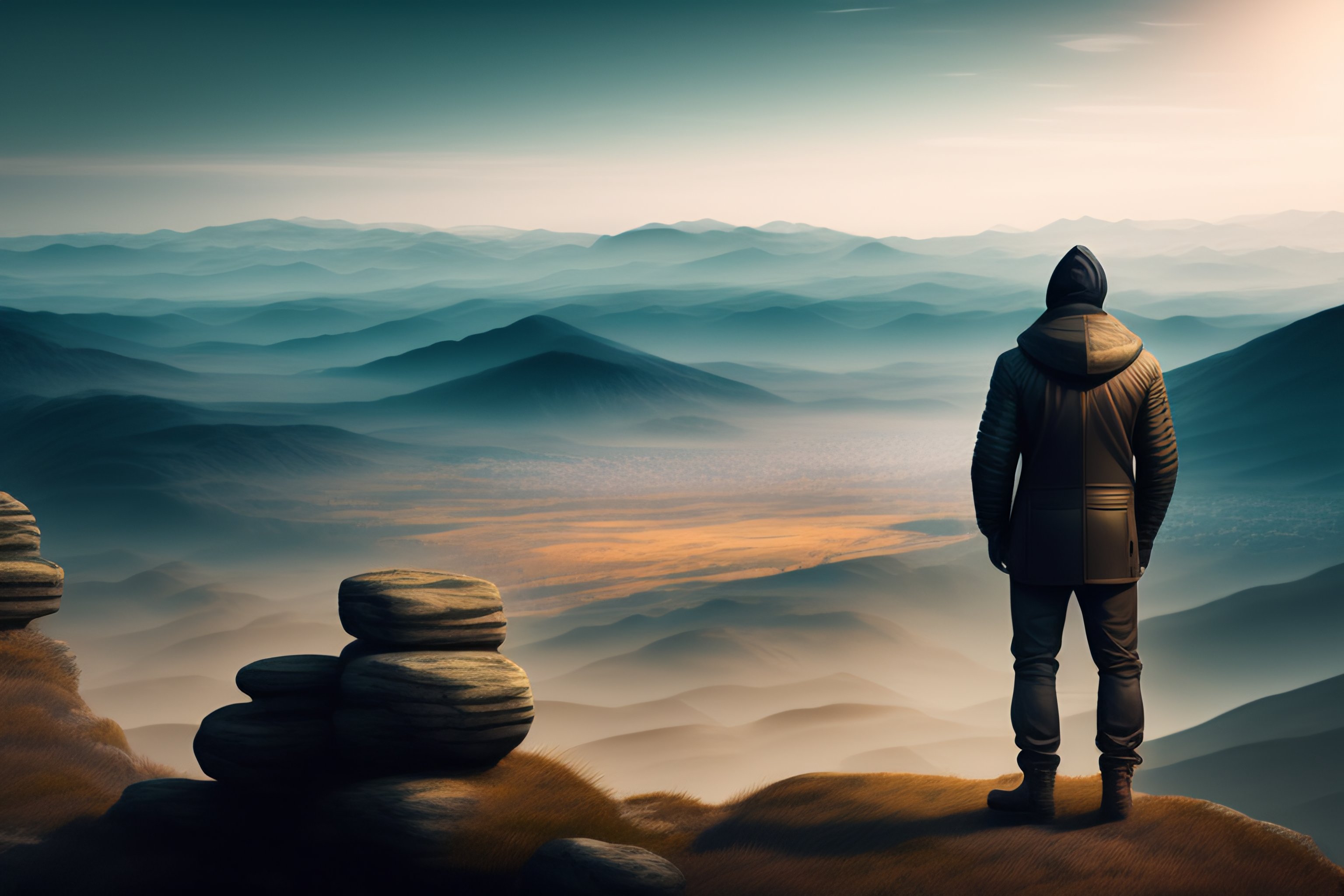 Lexica - Anthropomorphic figure looking towards landscape dystopian horizon