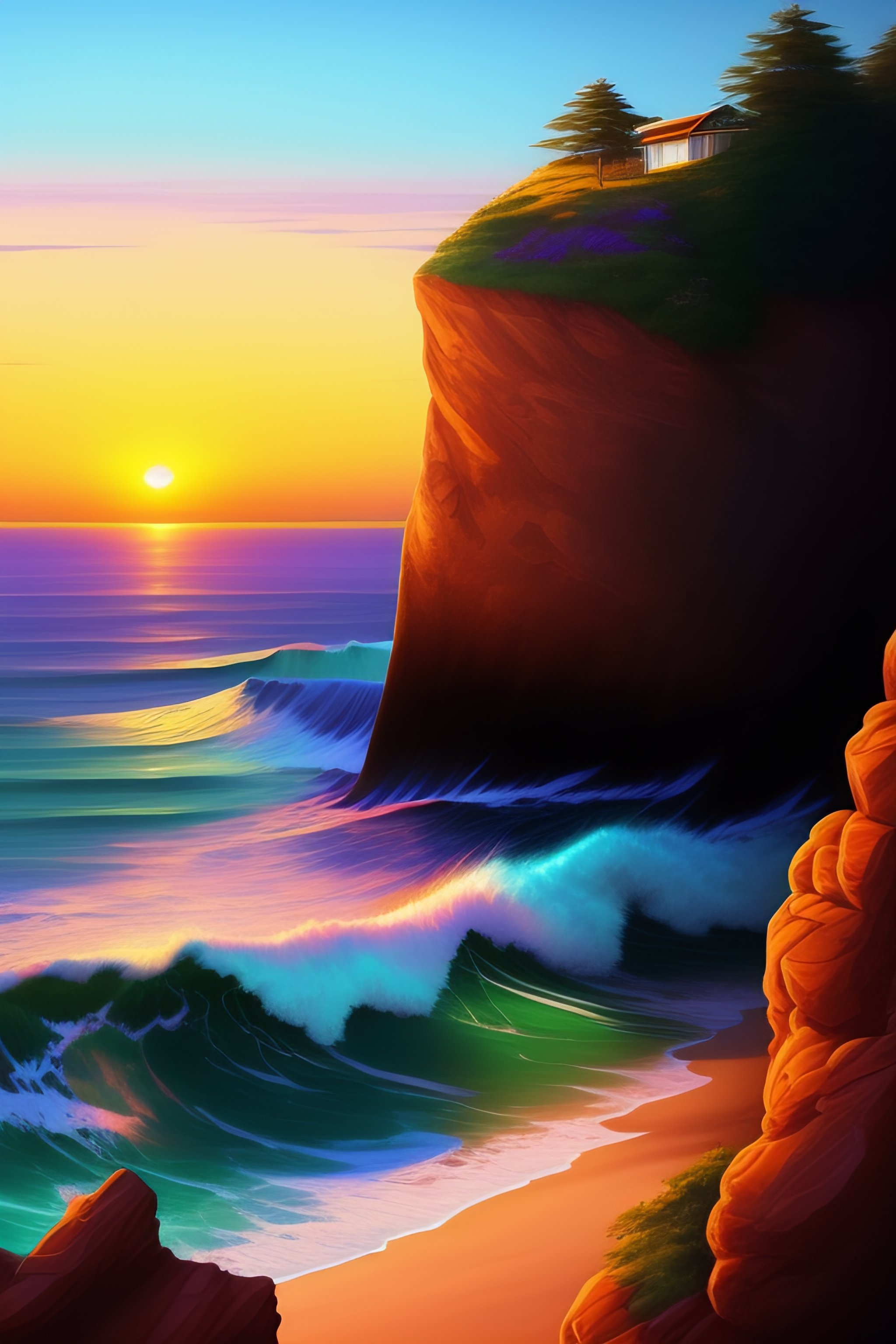 Lexica - A van on the edge of a cliff with a sunset over the sea, comic art