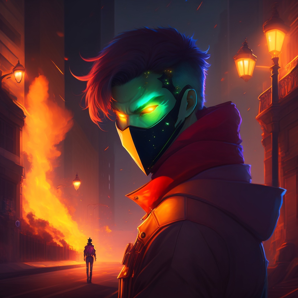 Lexica - Magic masked guy with golden eyes, behind him a zombie city ...