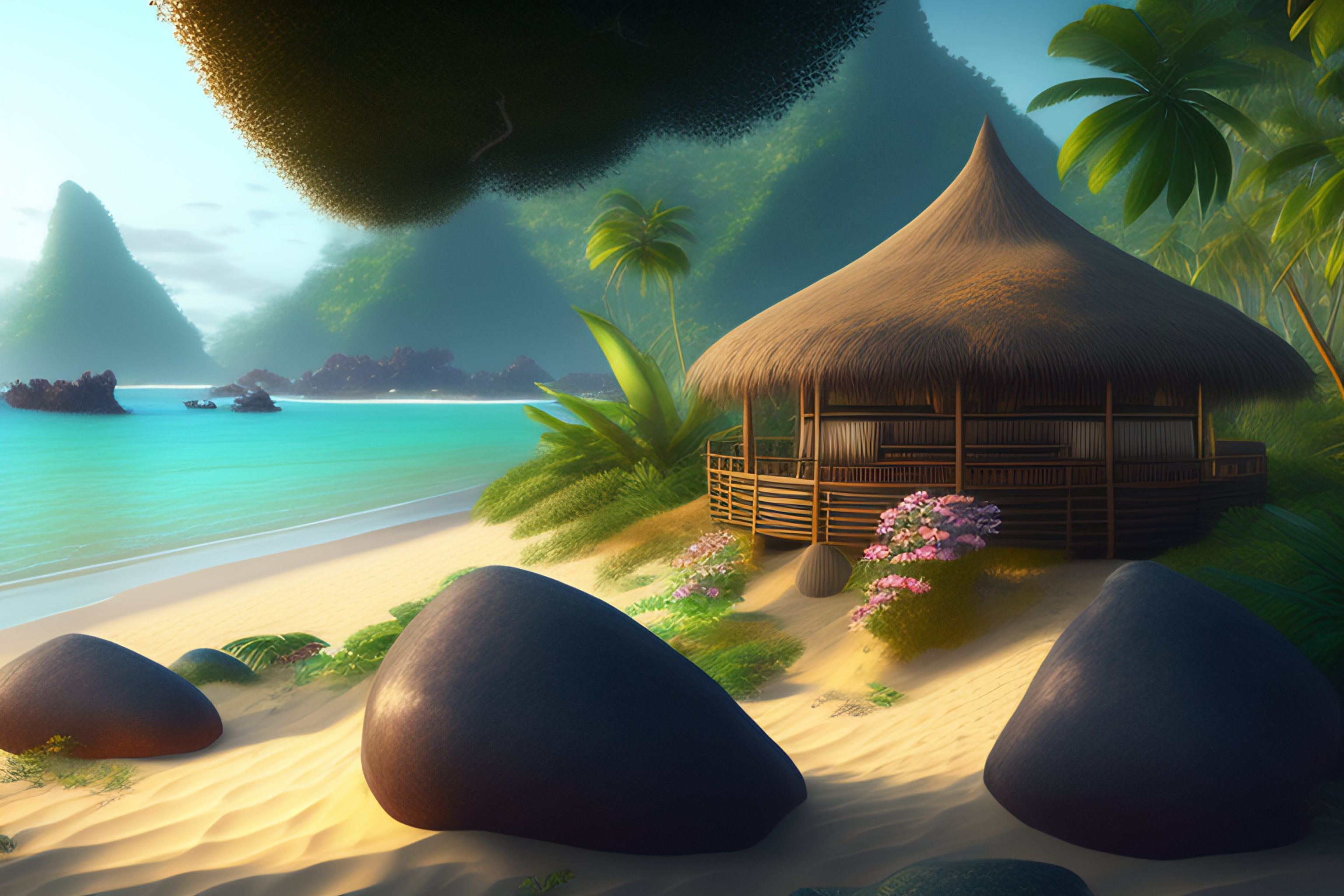 Lexica - Giant elven hut bamboo on tropical island beach yucca giant ...