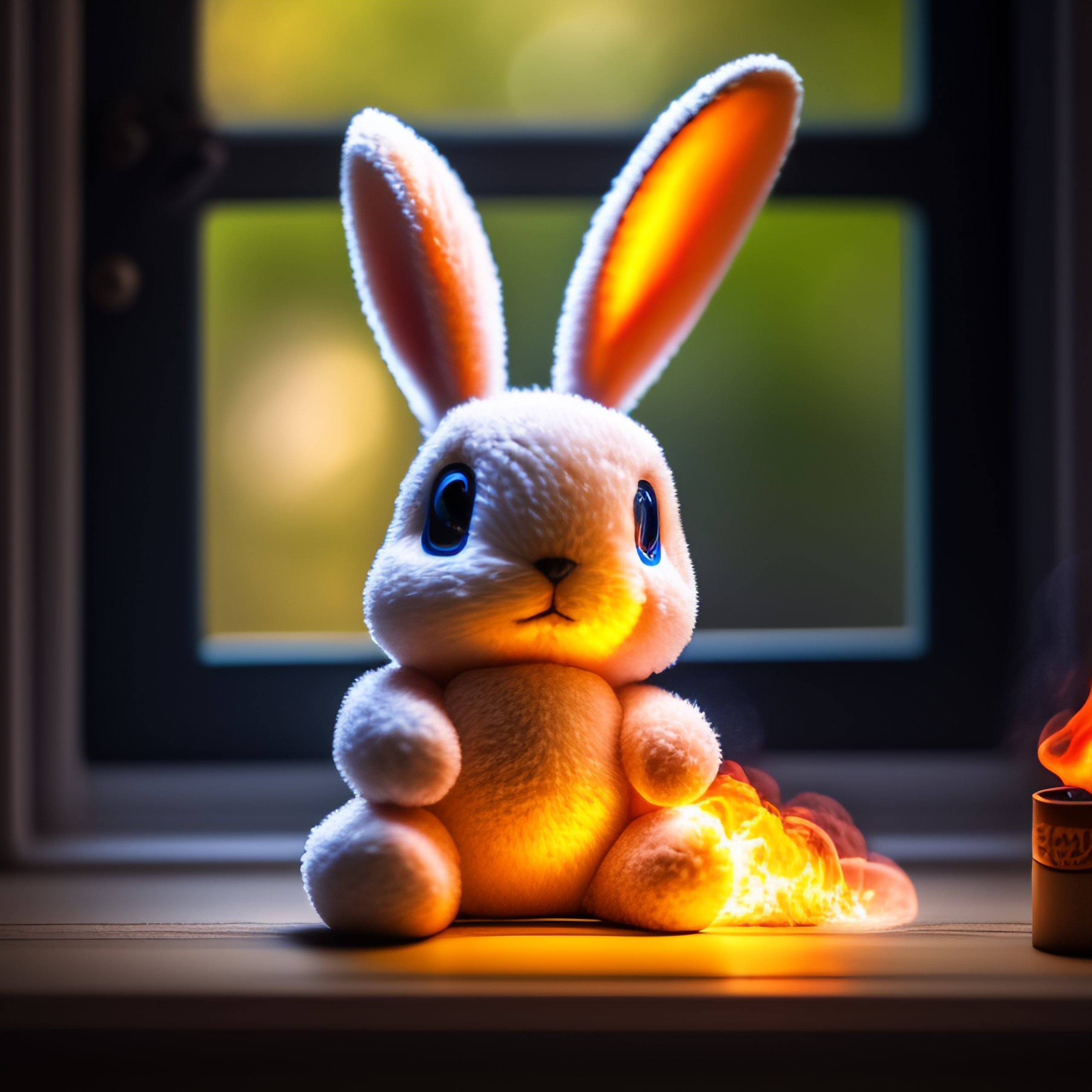 Lexica - Burning bunny robot working on a tablet and sitting in the ...