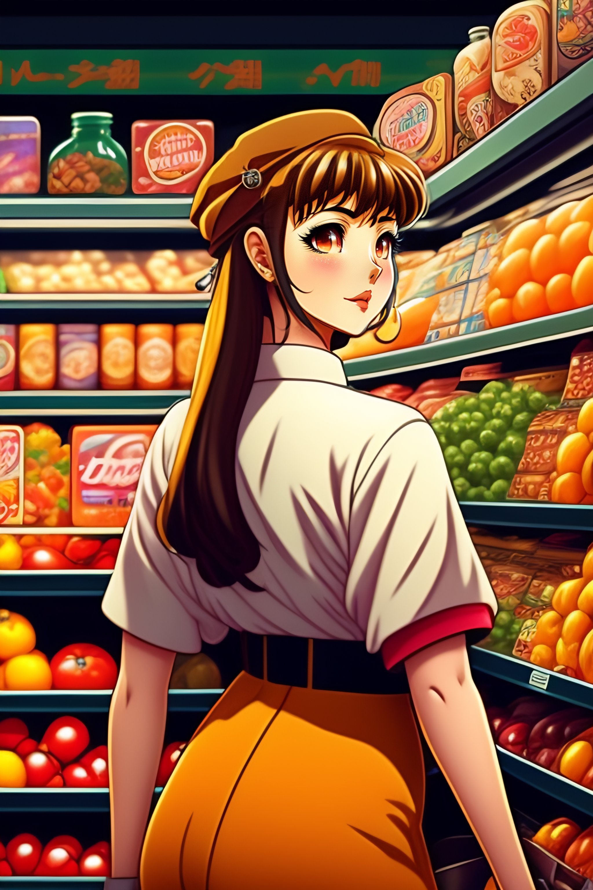 Lexica - In the style of 90's vintage. anime art of a female grocer ...