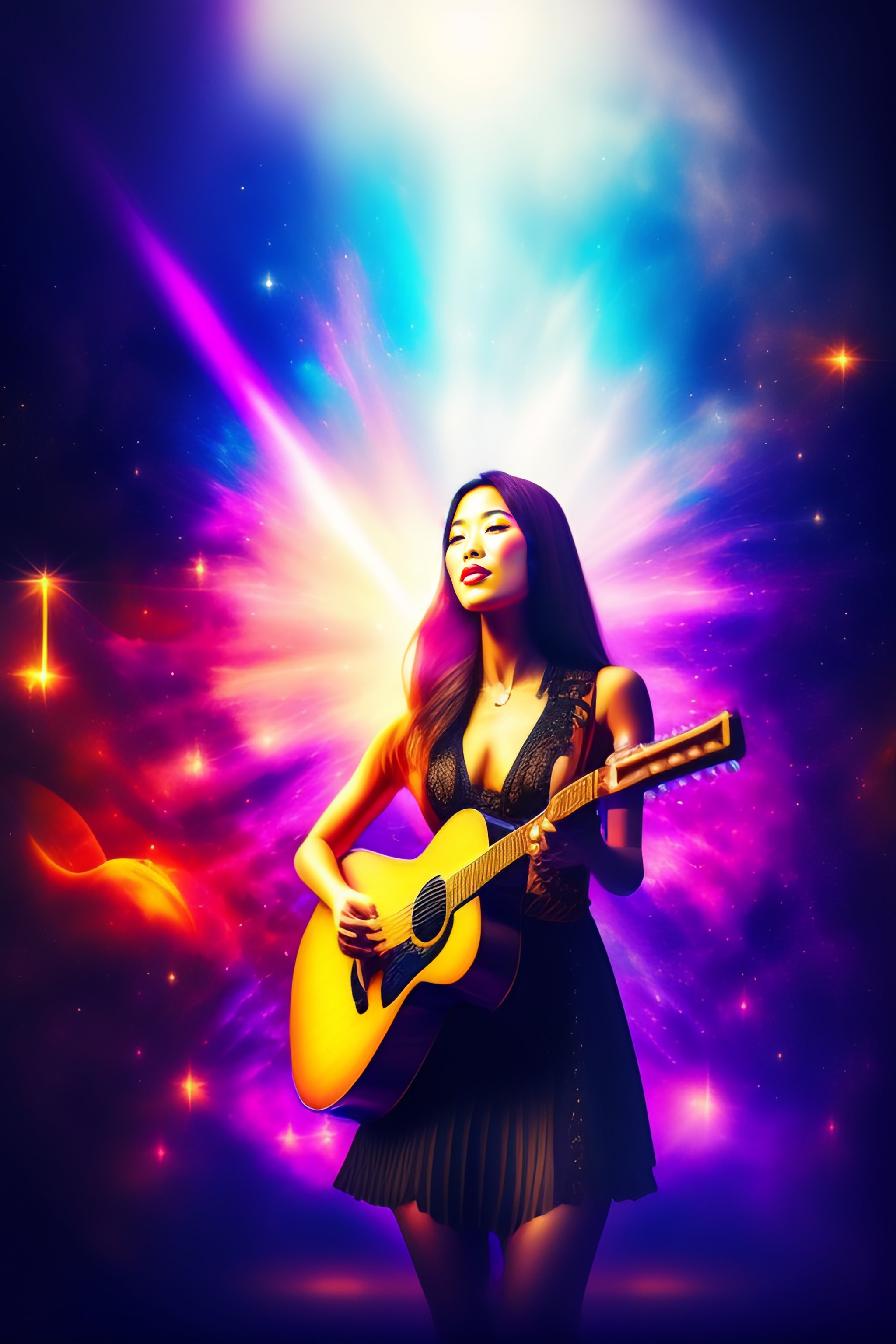 Lexica - Woman playing a guitar on stage, beautiful visual musical ...