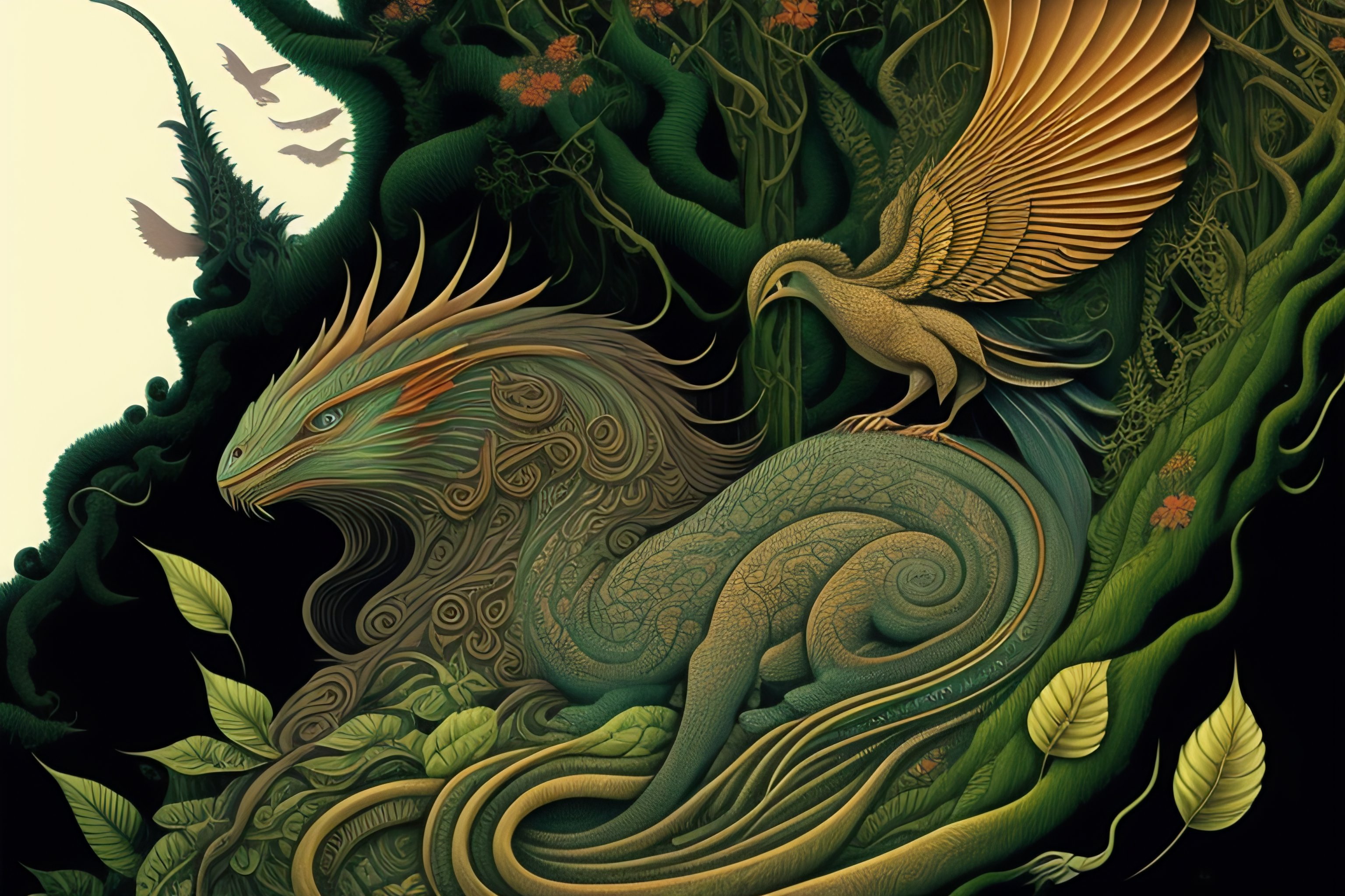 Lexica - A Basilisk and a Phoenix and , standing in a forest, hr giger ...