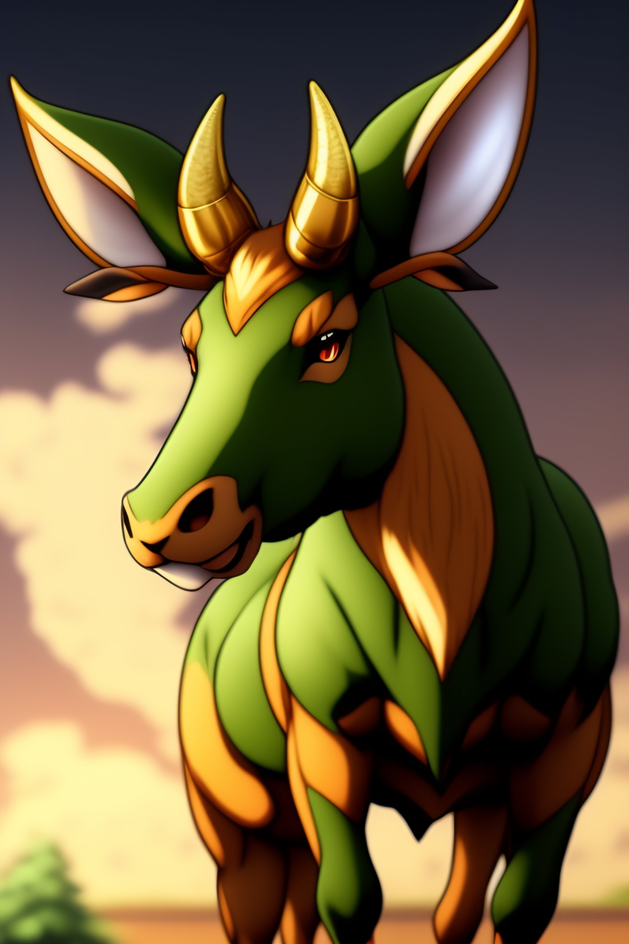 Lexica - Anime illustration of a Pokemon Green Adult Moose with Large Horns