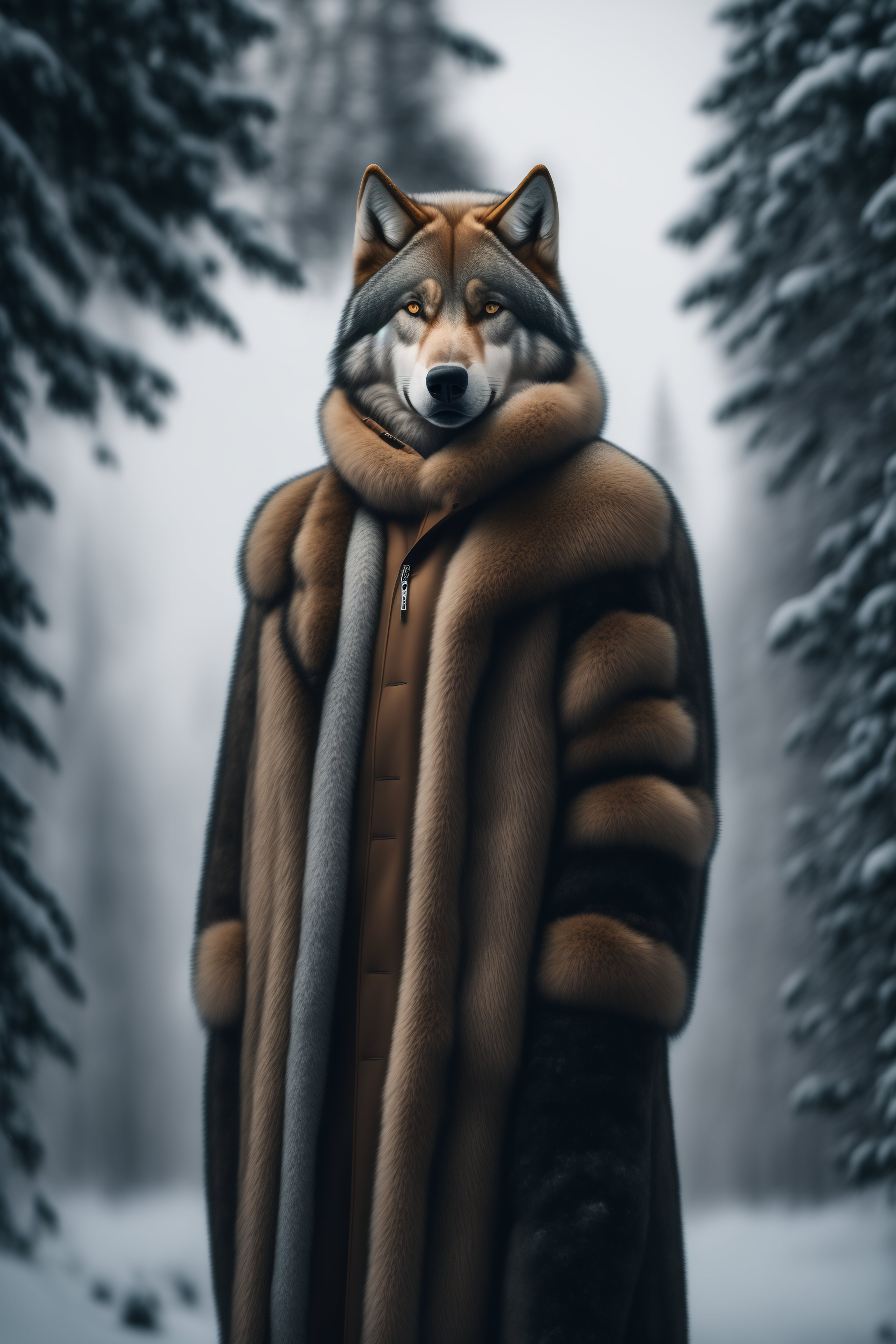 Lexica - Human gray wolf standing facing front wearing a fur coat