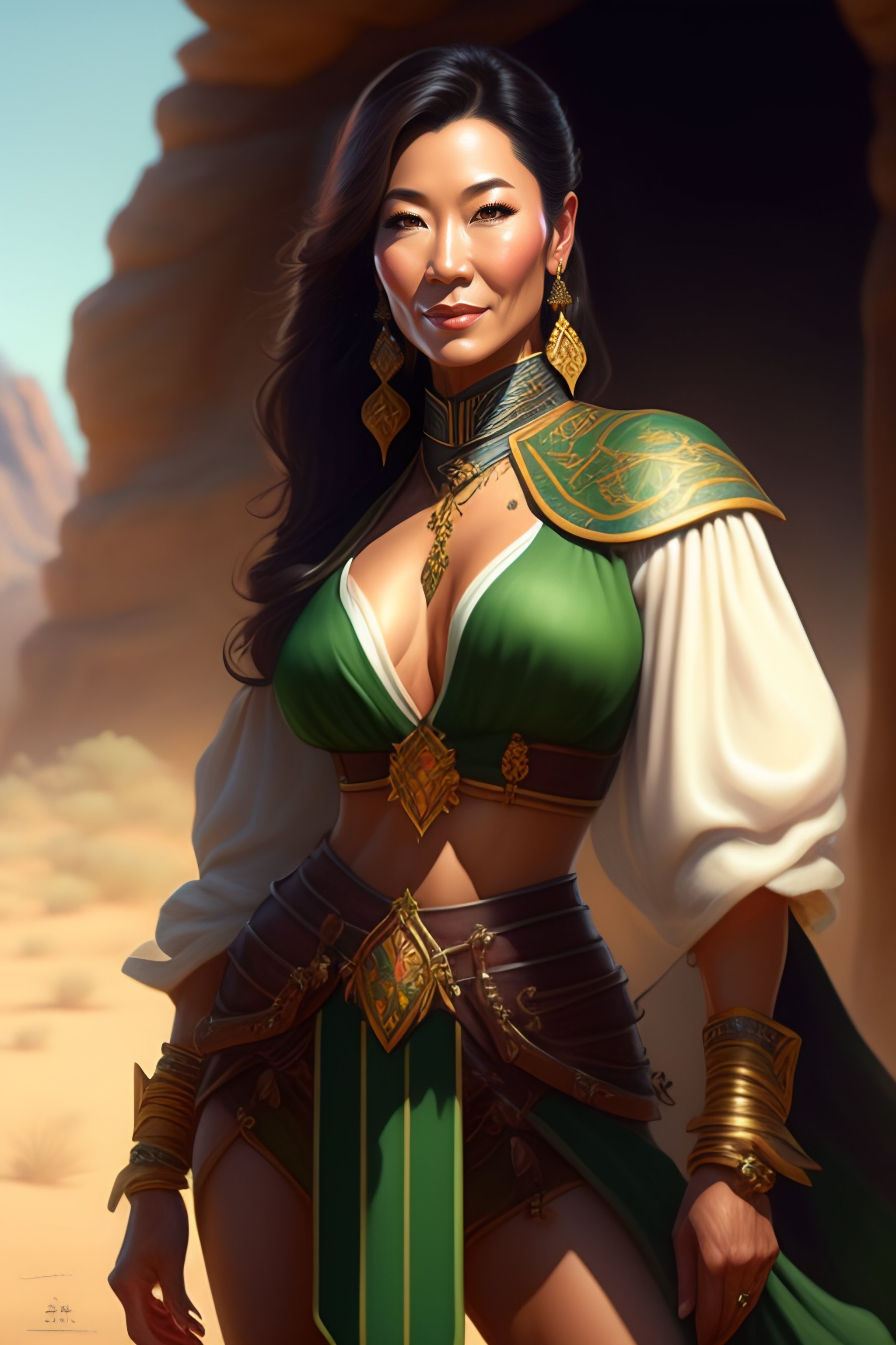 Lexica - Beautiful michelle yeoh female cowgirl, full body shot, d & d, fantasy, intricate ...