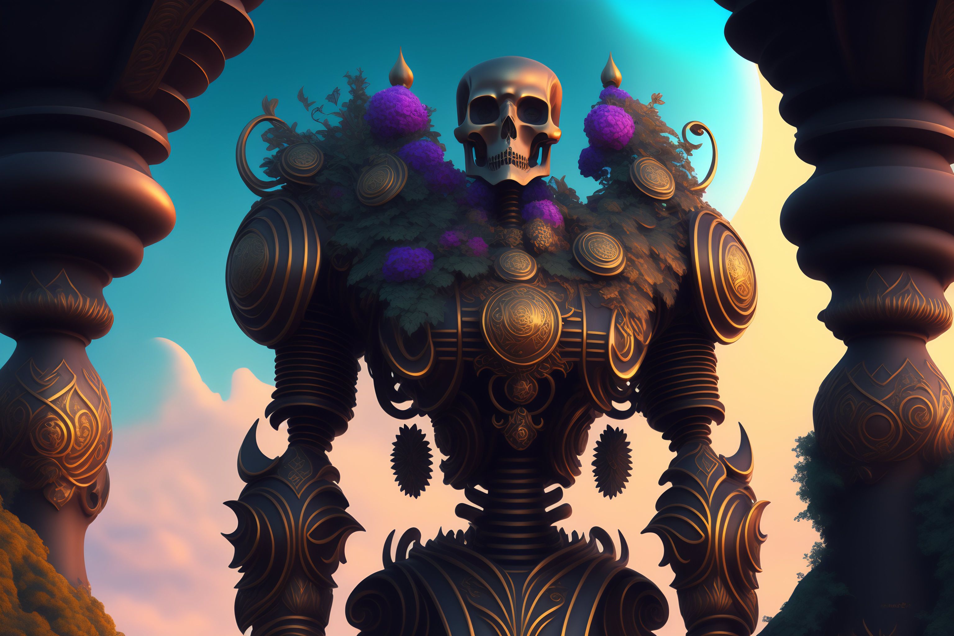 Lexica - A carved overgrown statue of a skelleton, robot, extremly ...