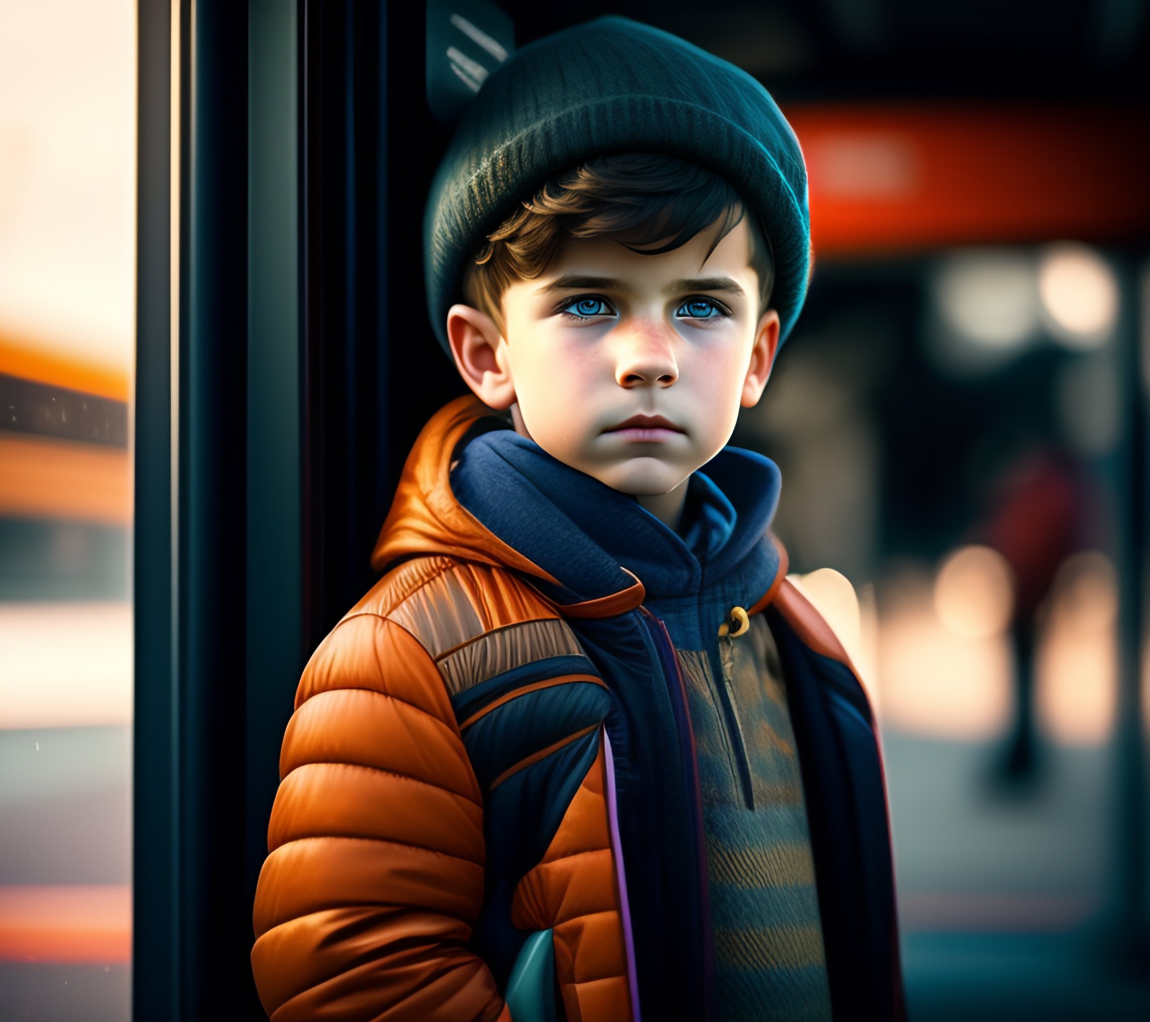 Lexica - A boy with luffing face waiting for bustation wearing huddy ...